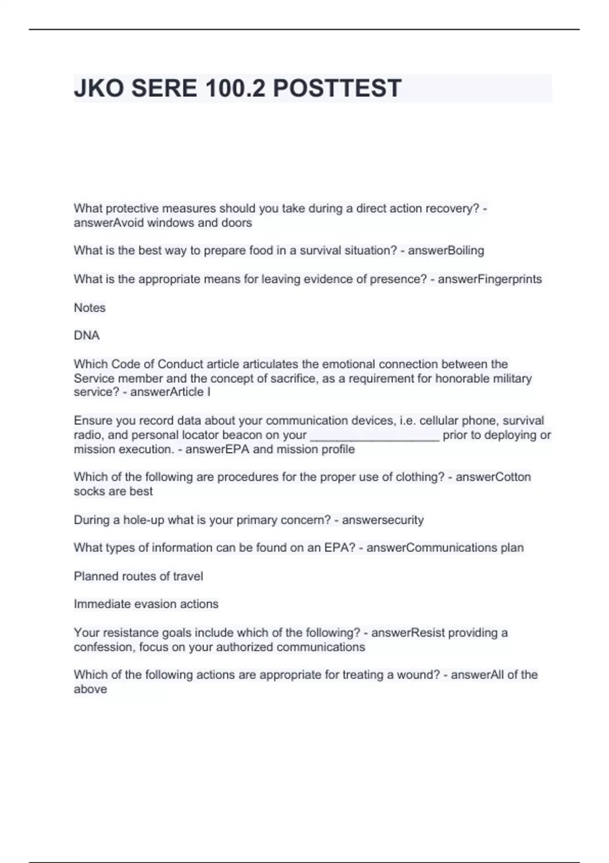 JKO SERE 100.2 POSTTEST QUESTIONS WITH CORRECT ANSWERS 2024 - SERE ...