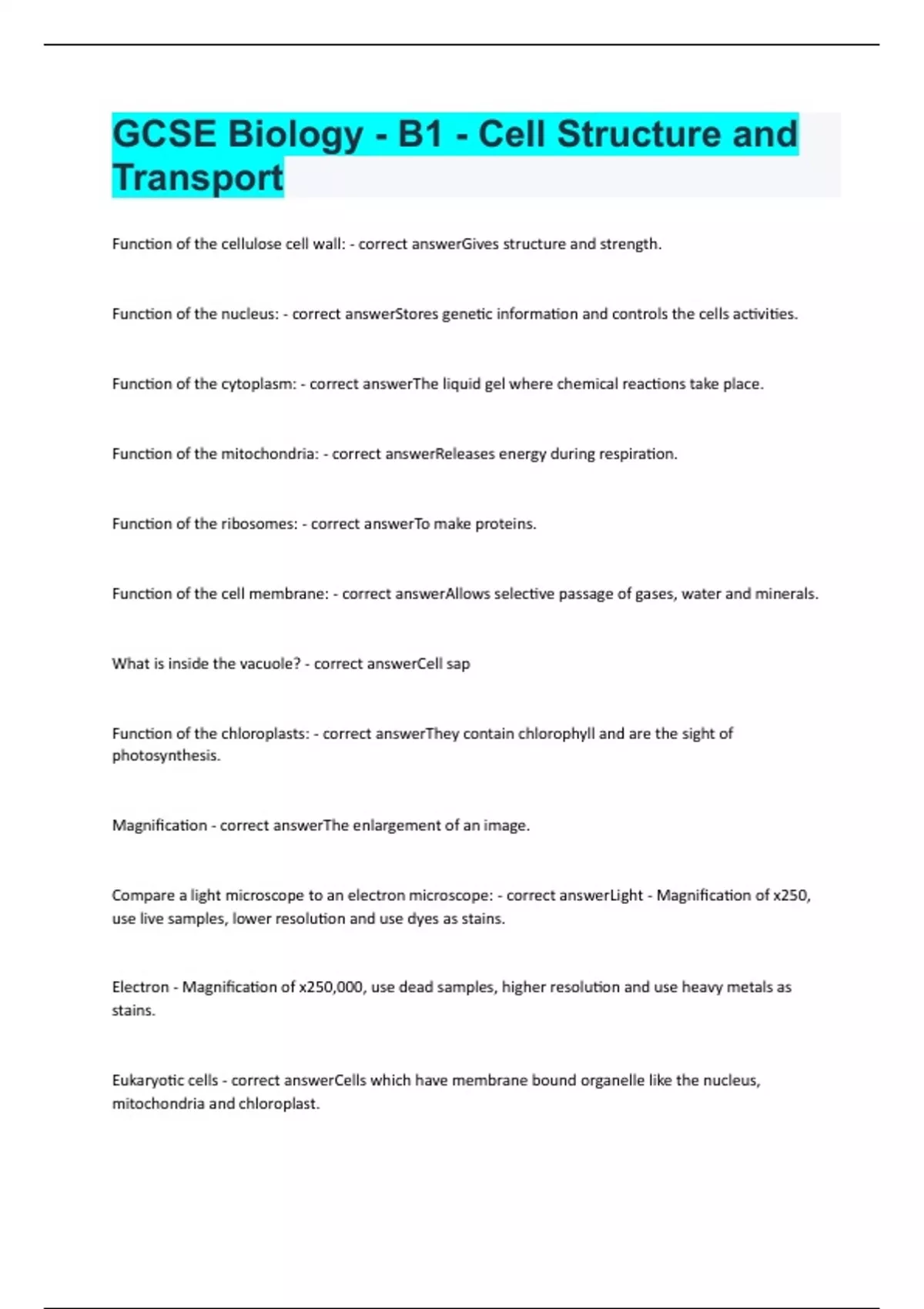 GCSE Biology - B1 - Cell Structure and Transport Questions and answers ...