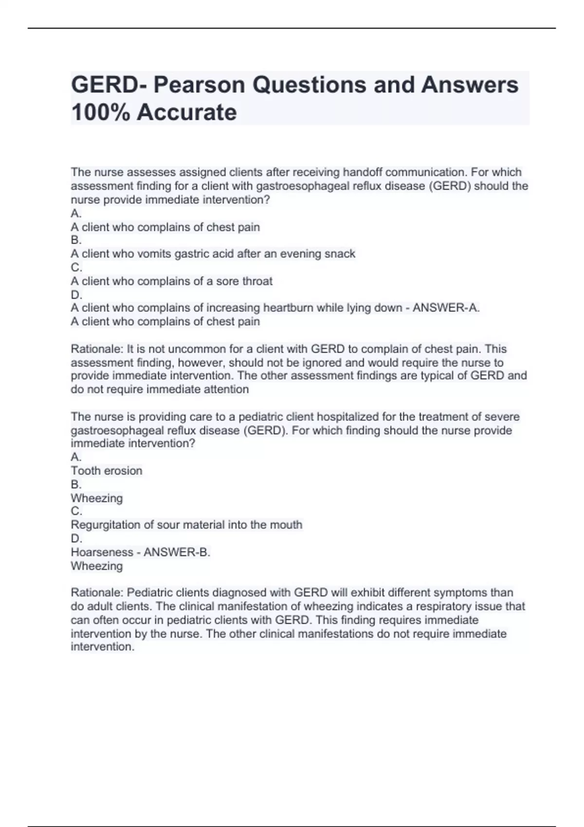 GERD- Pearson Questions and Answers 100% Accurate - GERD- Pearson ...