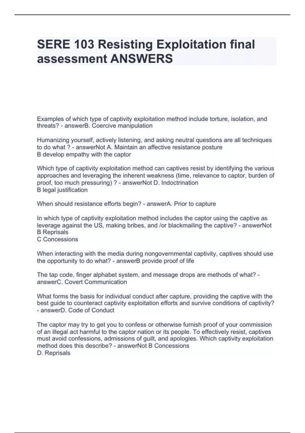 SERE 103 Resisting Exploitation final assessment ANSWERS with solutions ...