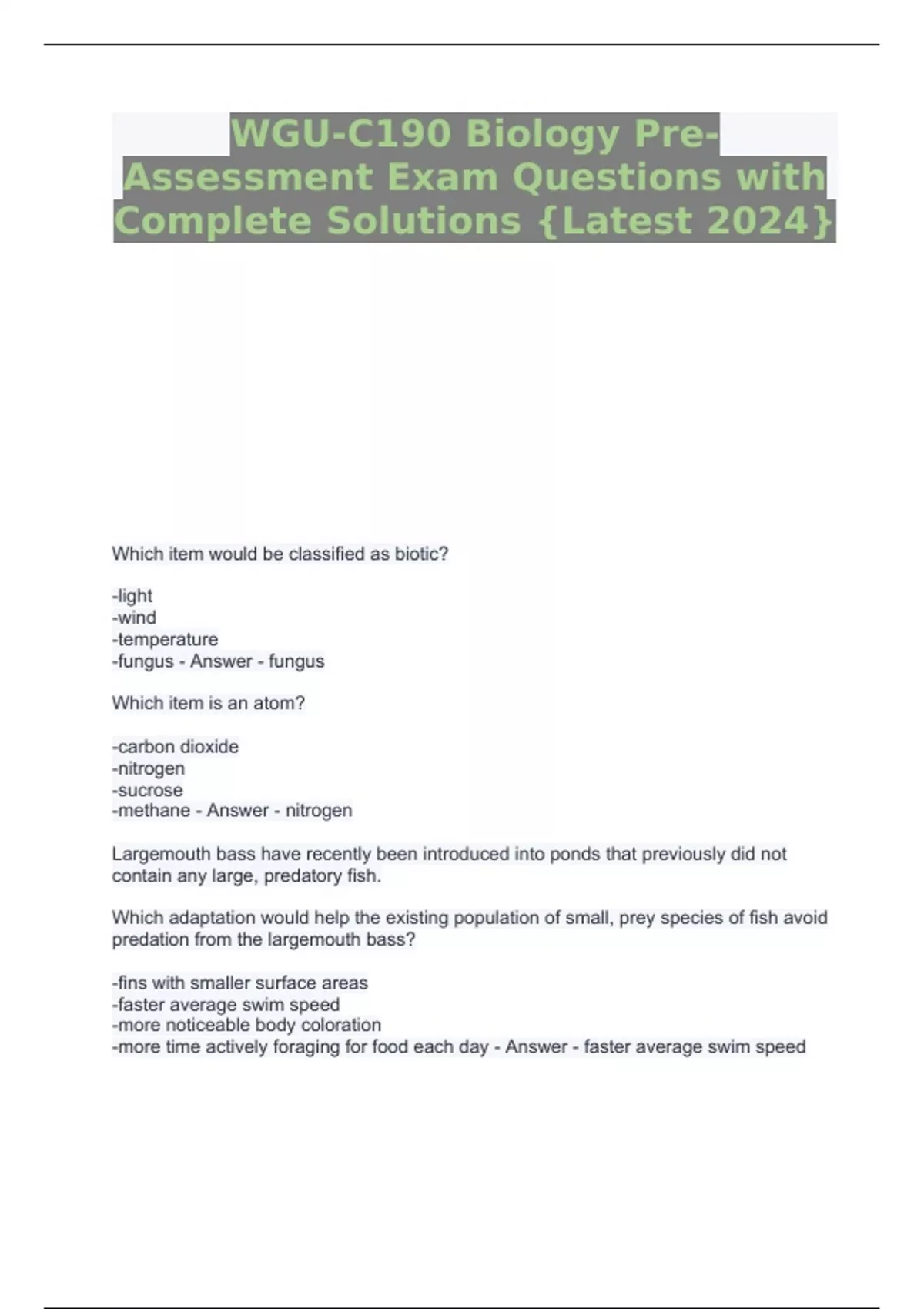 WGU-C190 Biology Pre-Assessment Exam Questions with Complete Solutions ...