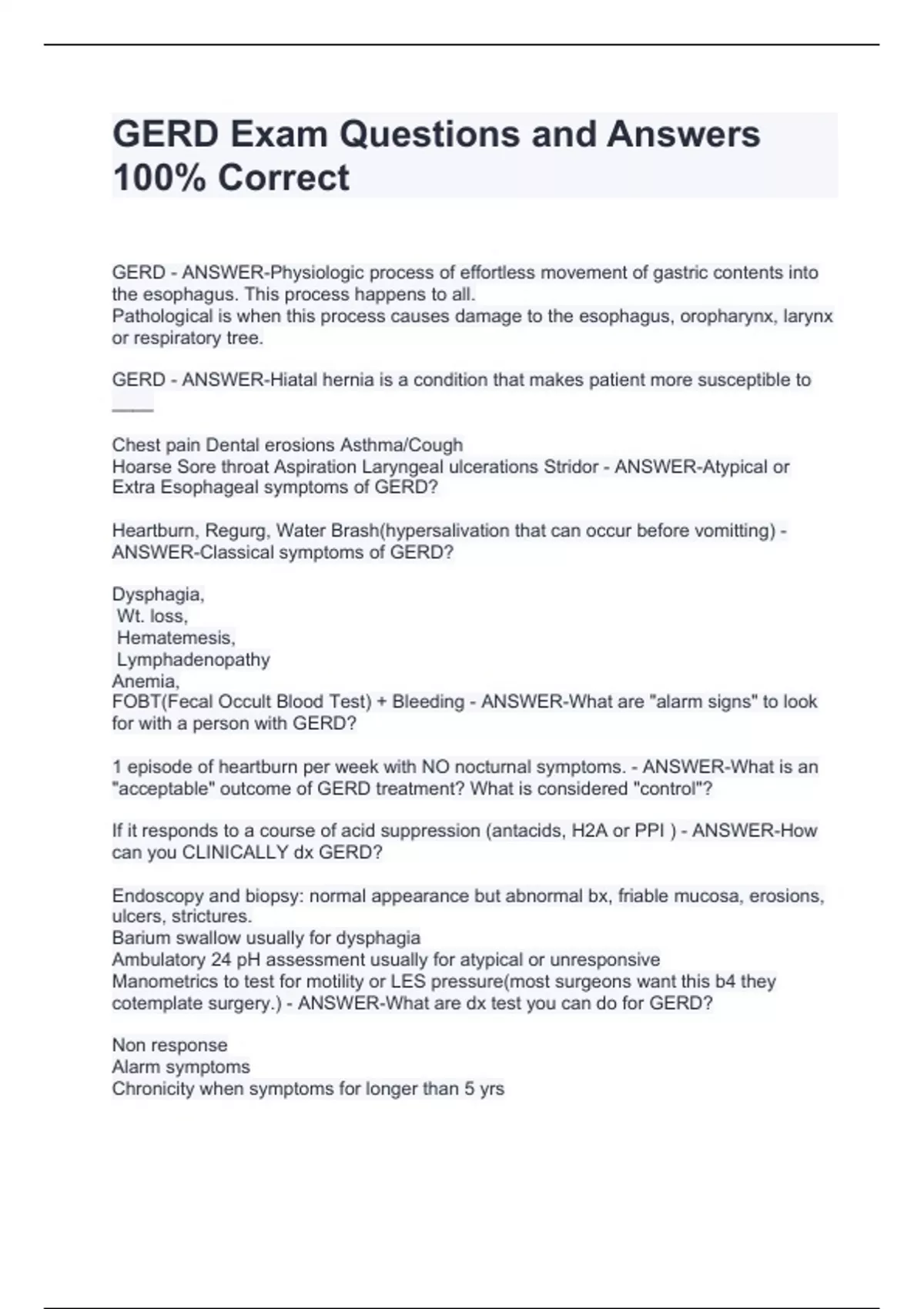 GERD Exam Questions and Answers 100% Correct - GERD - Stuvia US