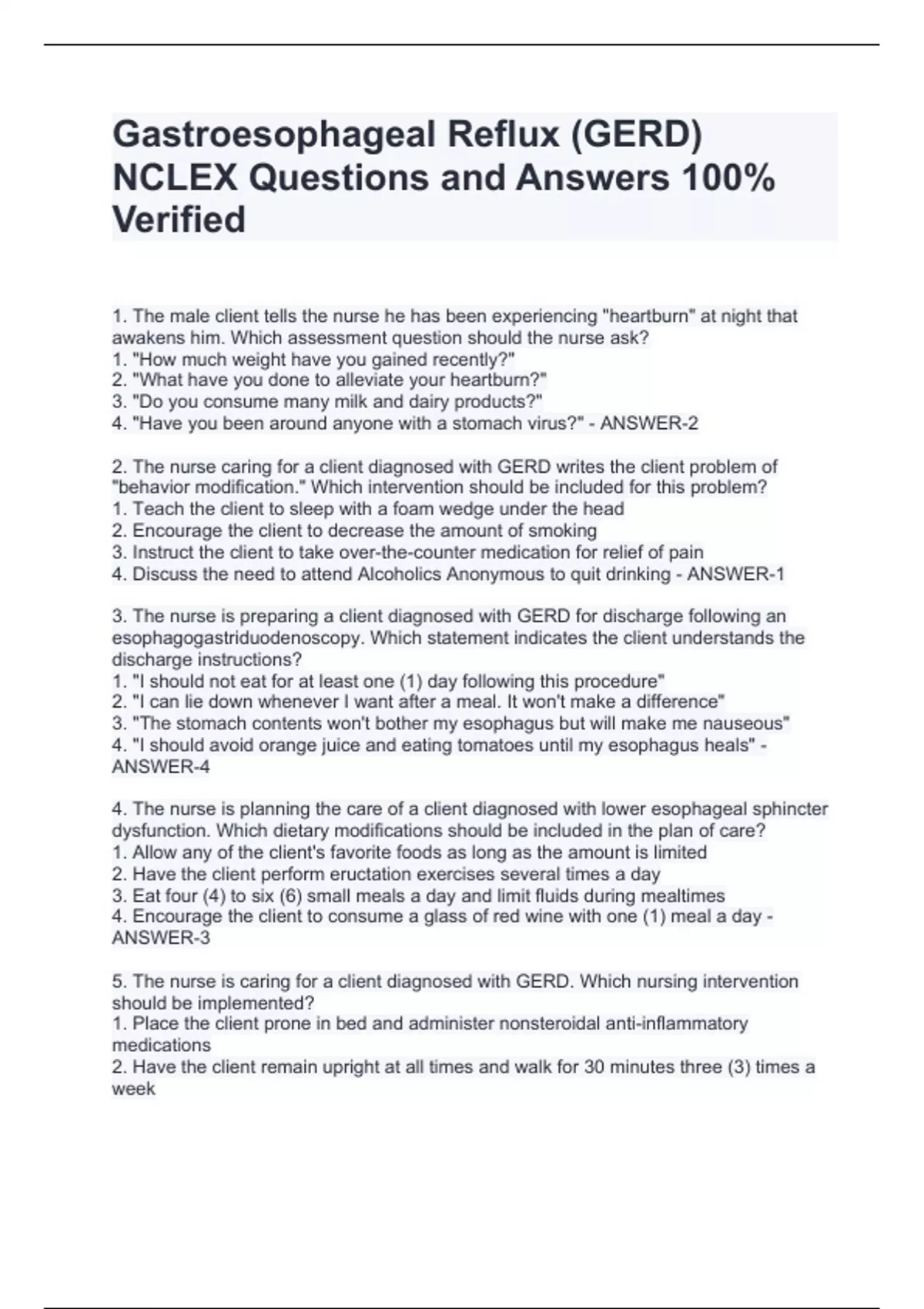 Gastroesophageal Reflux (GERD) NCLEX Questions and Answers 100% ...