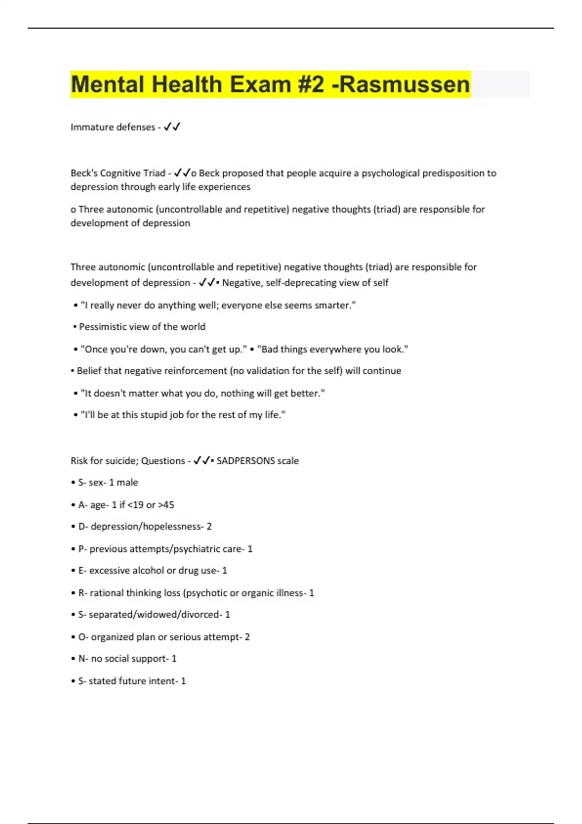 Mental Health Questions with correct answer. - Mental Health - Stuvia US