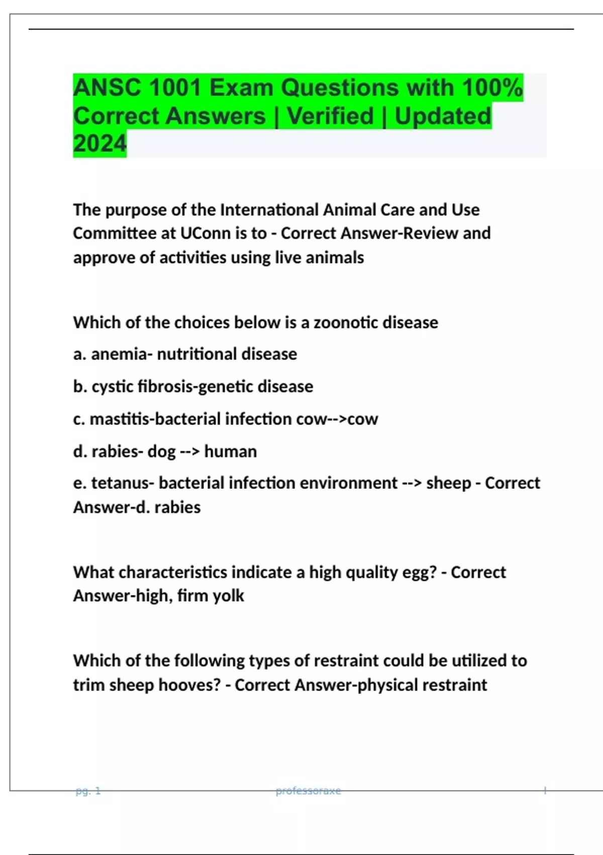 ANSC 1001 Exam Questions with 100% Correct Answers | Verified | Updated ...