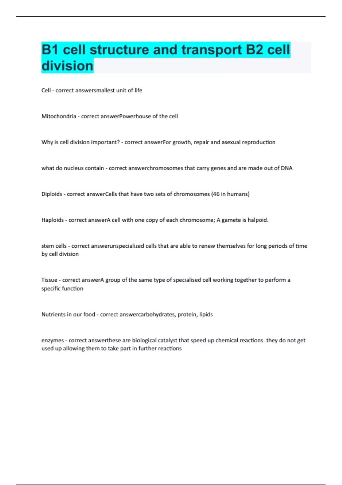 B1 cell structure and transport B2 cell division Questions and answers ...
