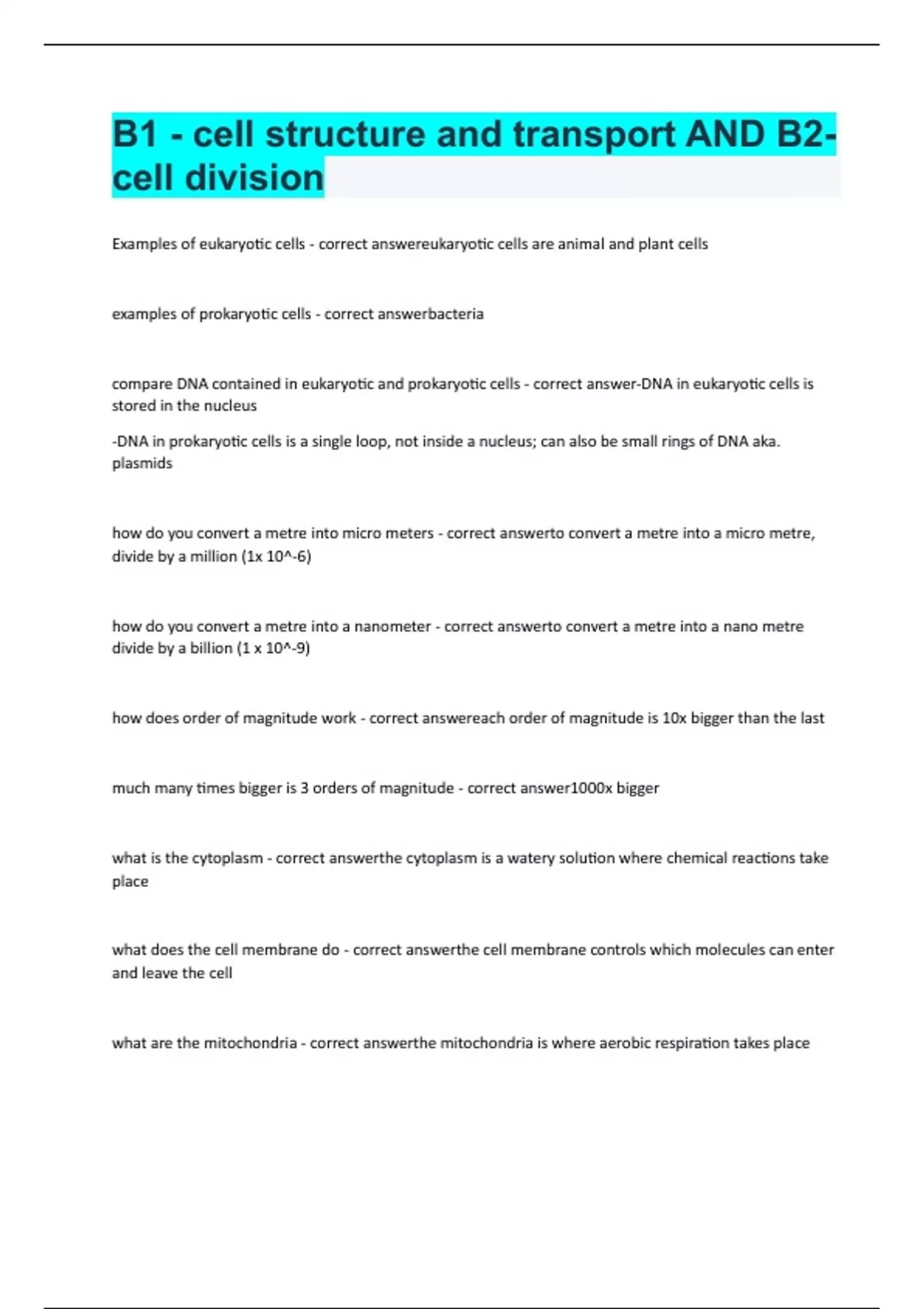 B1 - cell structure and transport AND B2- cell division Questions and ...