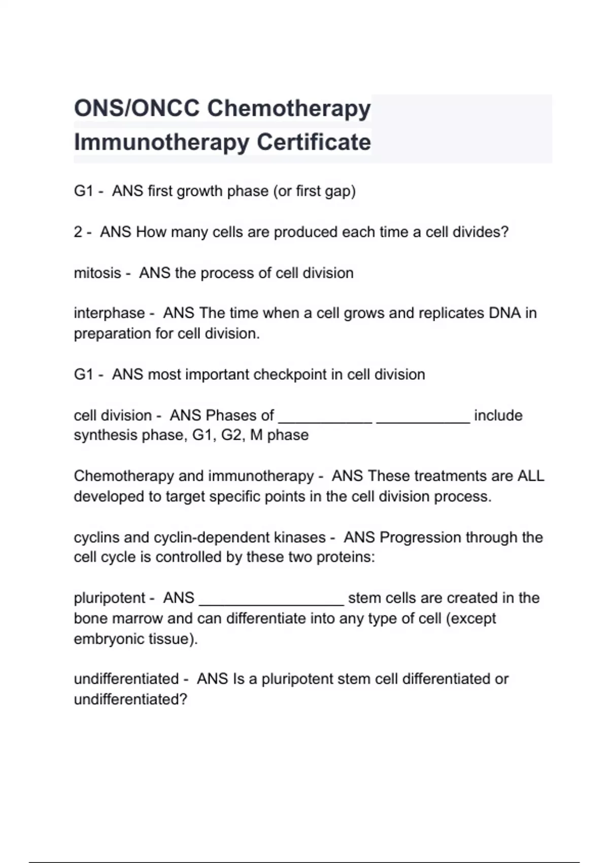 ONS/ONCC Chemotherapy Immunotherapy Certificate Exam Questions with ...