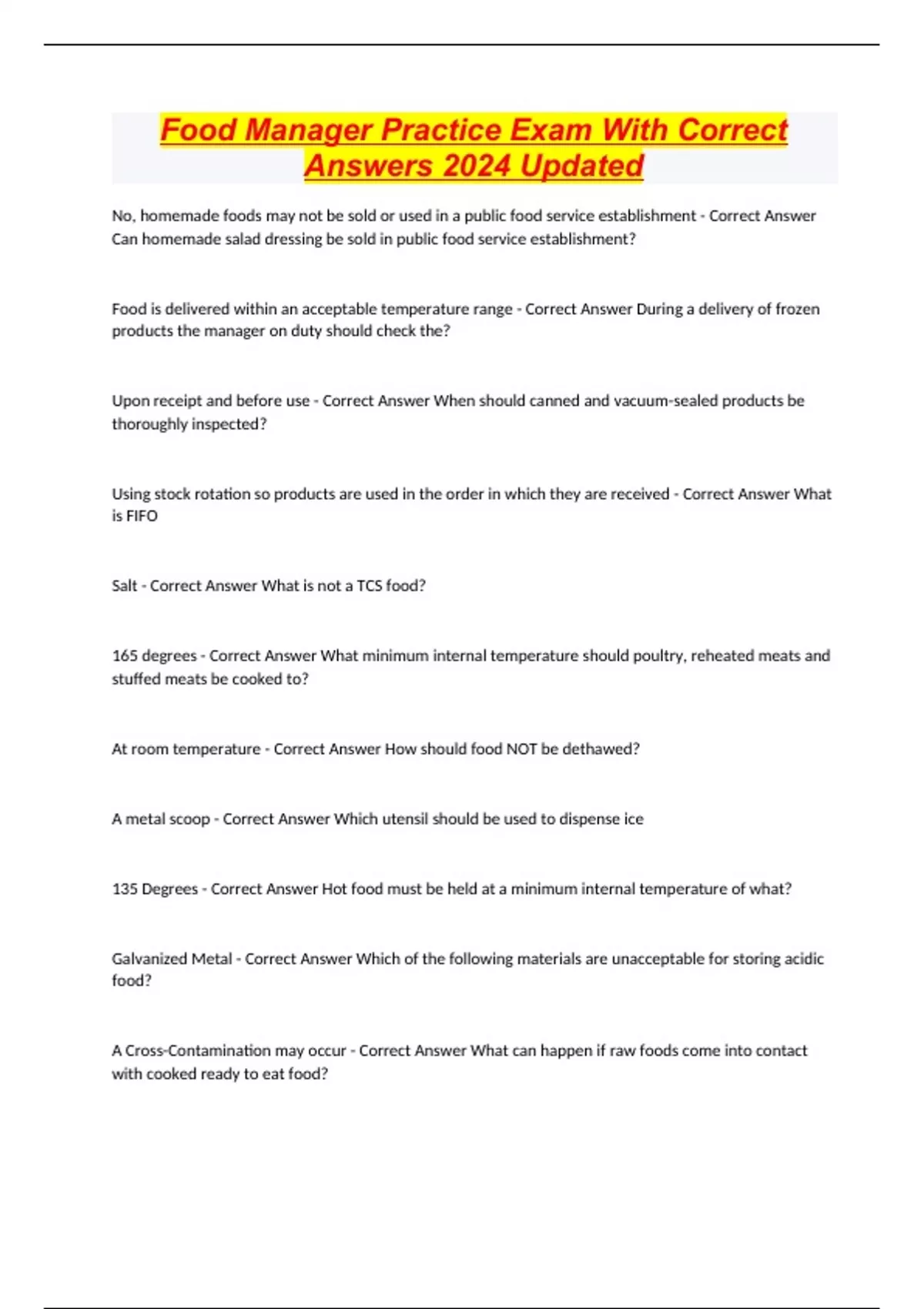 Food Manager Practice Exam With Correct Answers 2024 Updated - Food ...