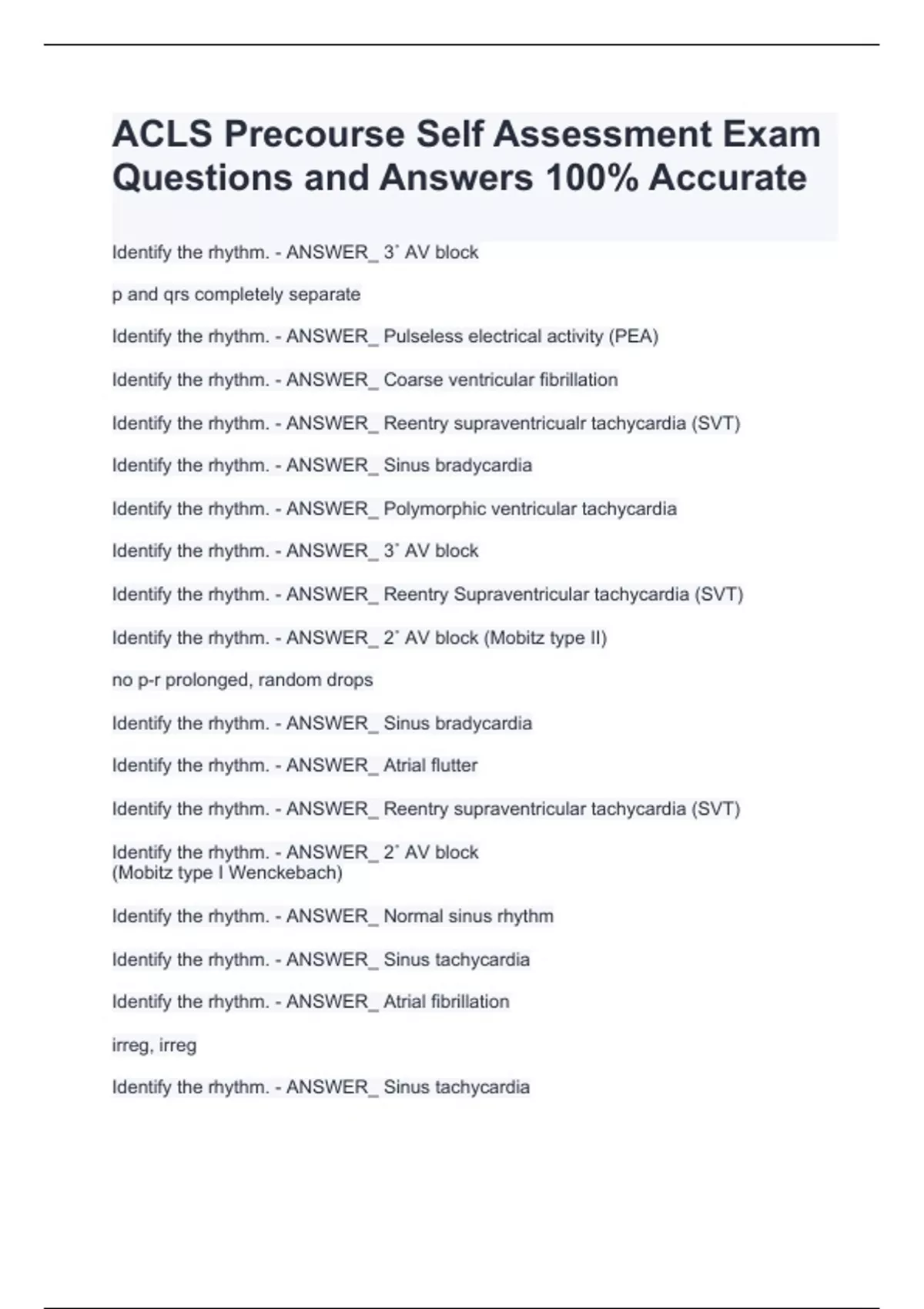 ACLS Precourse Self Assessment Exam Questions and Answers 100% Accurate - ACLS Precourse Self ...