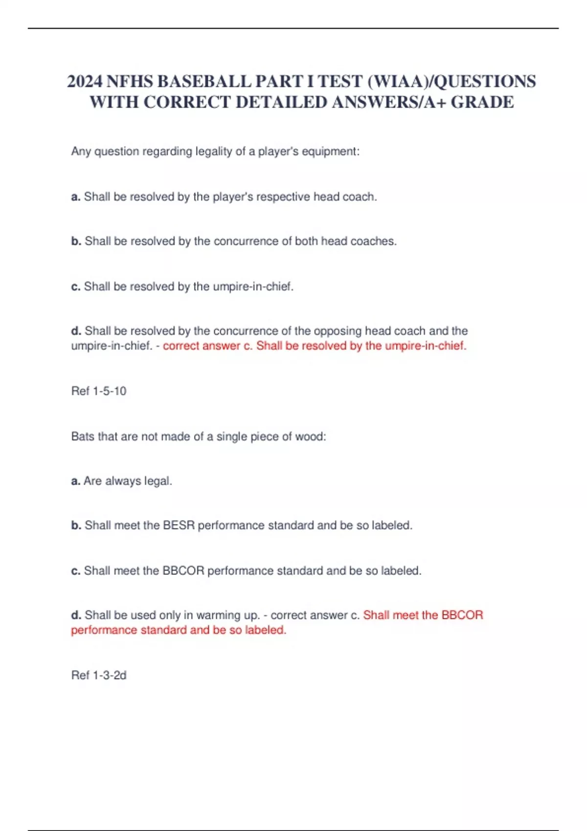 2024 NFHS BASEBALL PART I TEST (WIAA)/QUESTIONS WITH CORRECT DETAILED ...