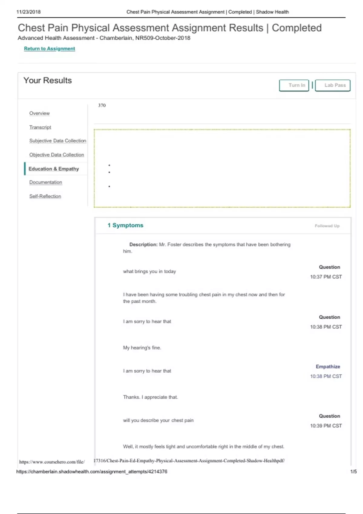 Chest Pain Physical Assessment Assignment Results | Completed - NR509 ...
