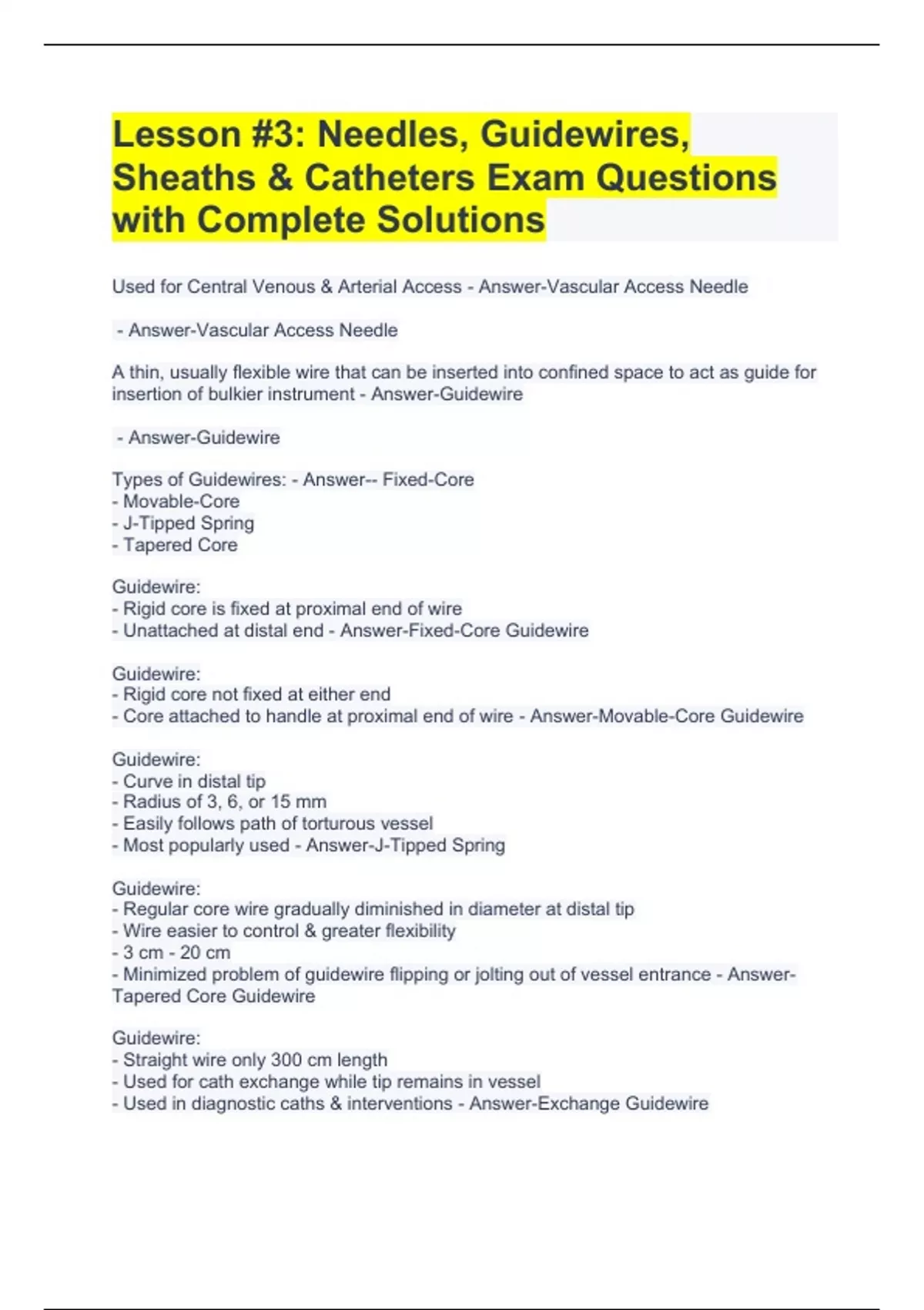 Lesson #3: Needles, Guidewires, Sheaths & Catheters Exam Questions with ...