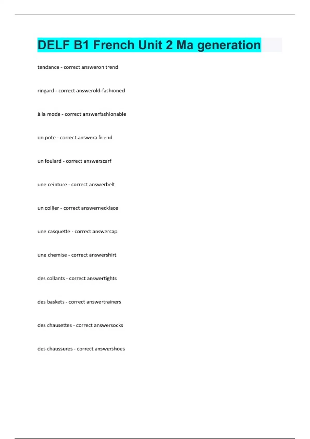 DELF B1 French Unit 2 Ma generation Questions and answers latest update ...