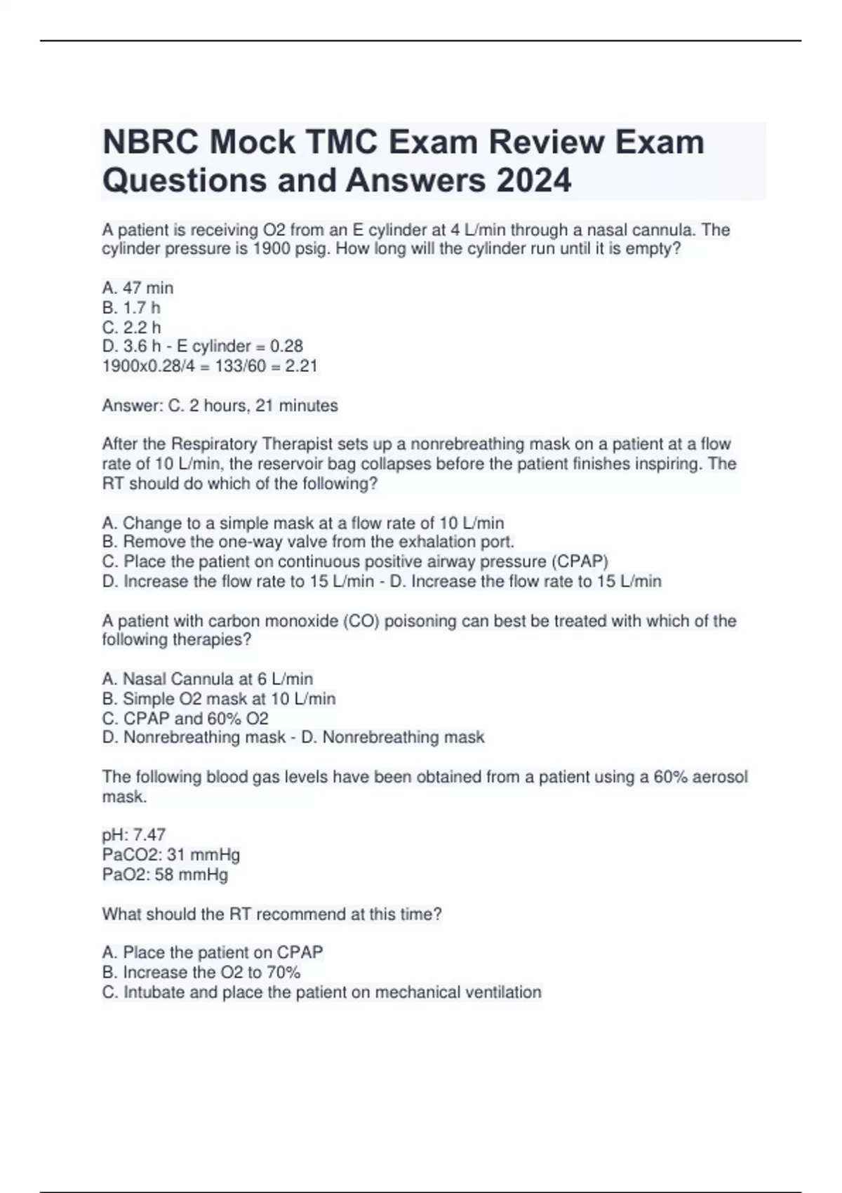 NBRC Mock TMC Exam Review Questions and Answers 2024 - NBRC Mock TMC - Stuvia US