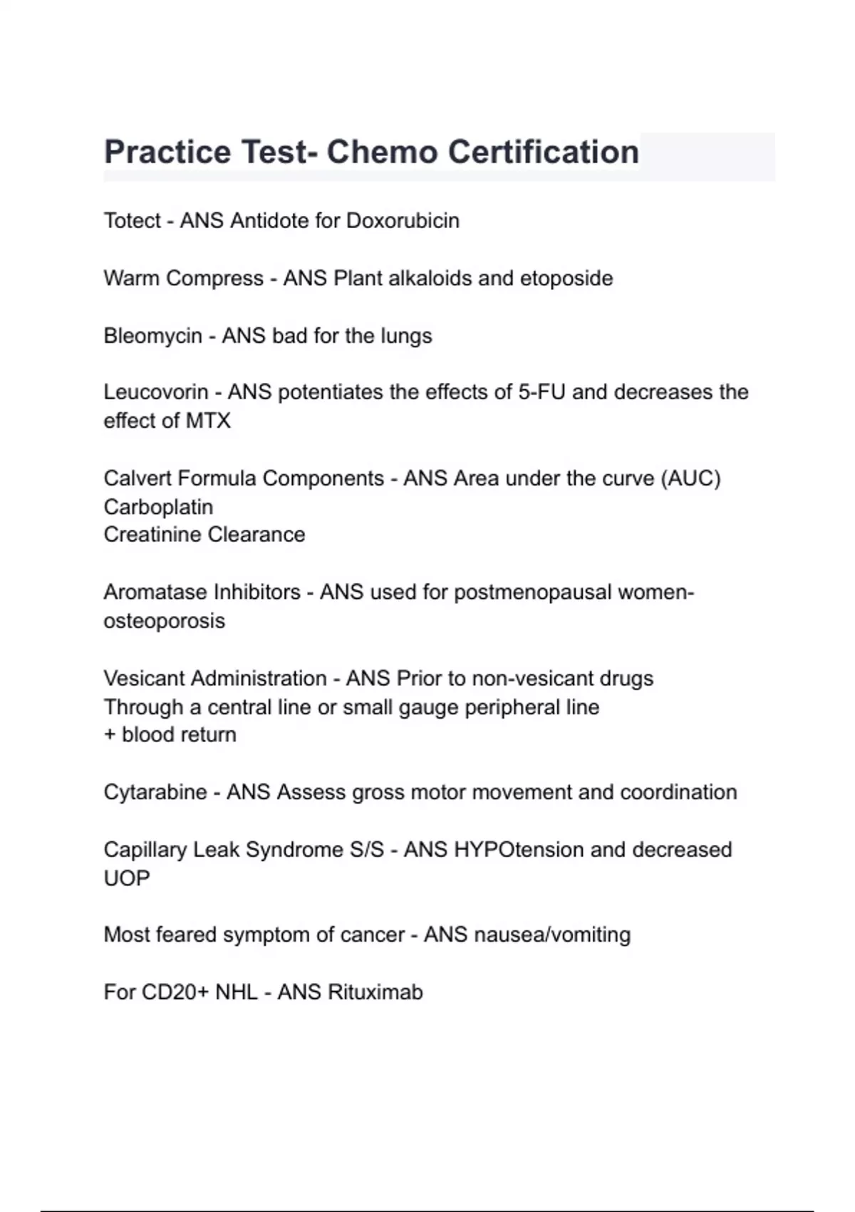 Practice Test- Chemo Certification Exam Questions with correct Answers ...