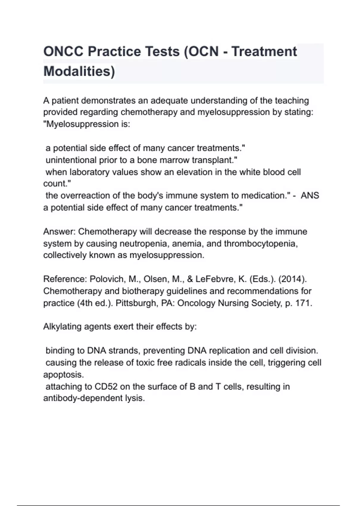 ONCC Practice Tests (OCN - Treatment Modalities) Questions with correct ...