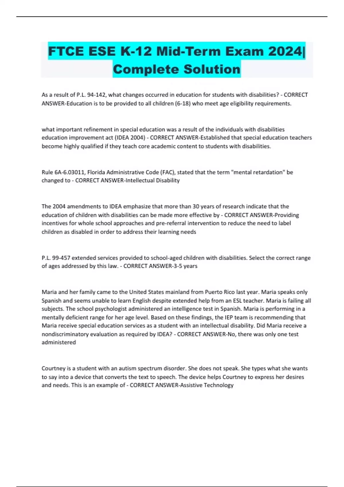 FTCE ESE K-12 Mid-Term Exam 2024| Complete Solution - FTCE ESE - Stuvia US