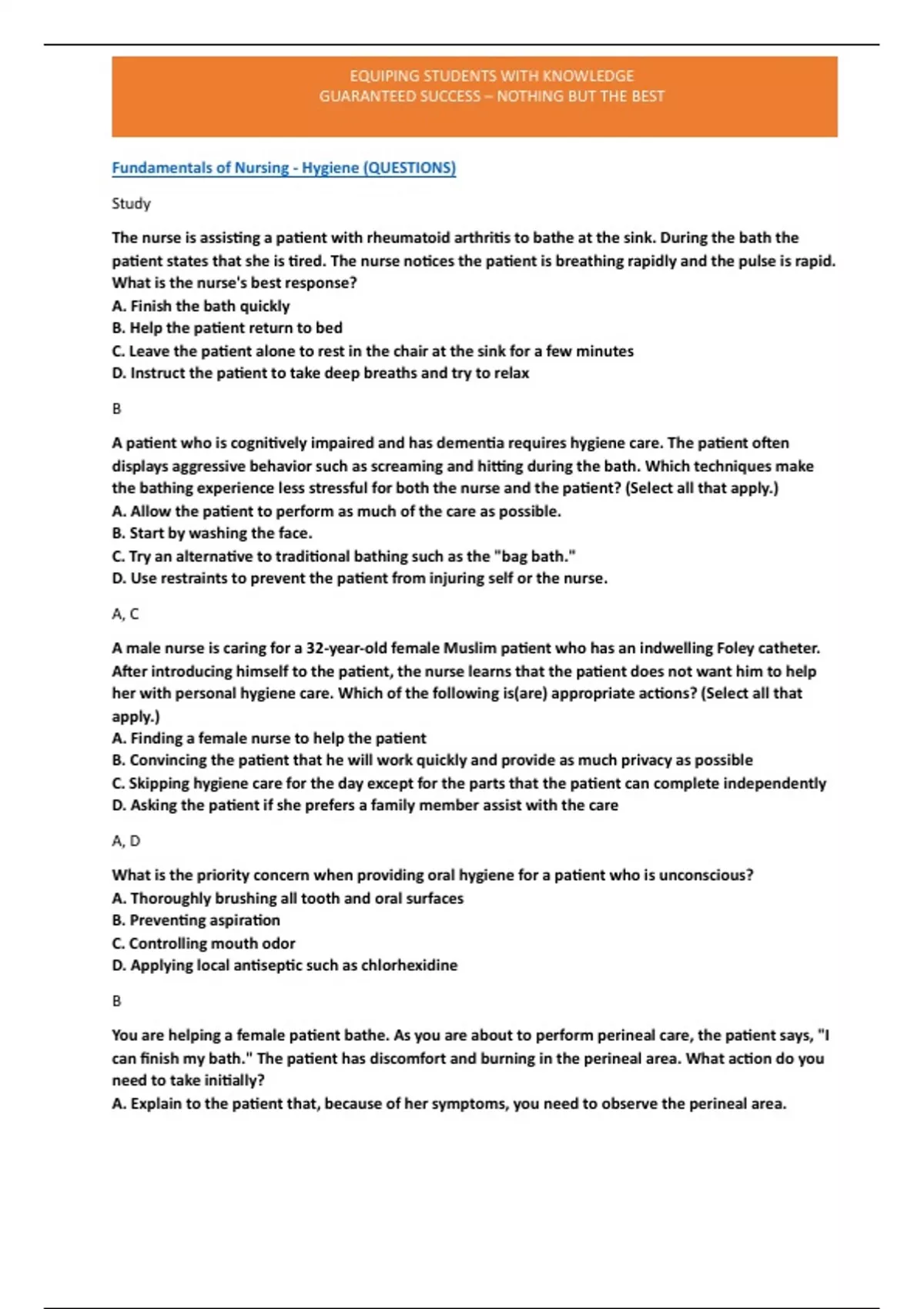 Fundamentals of Nursing - Hygiene (QUESTIONS) with 100% correct Answers ...