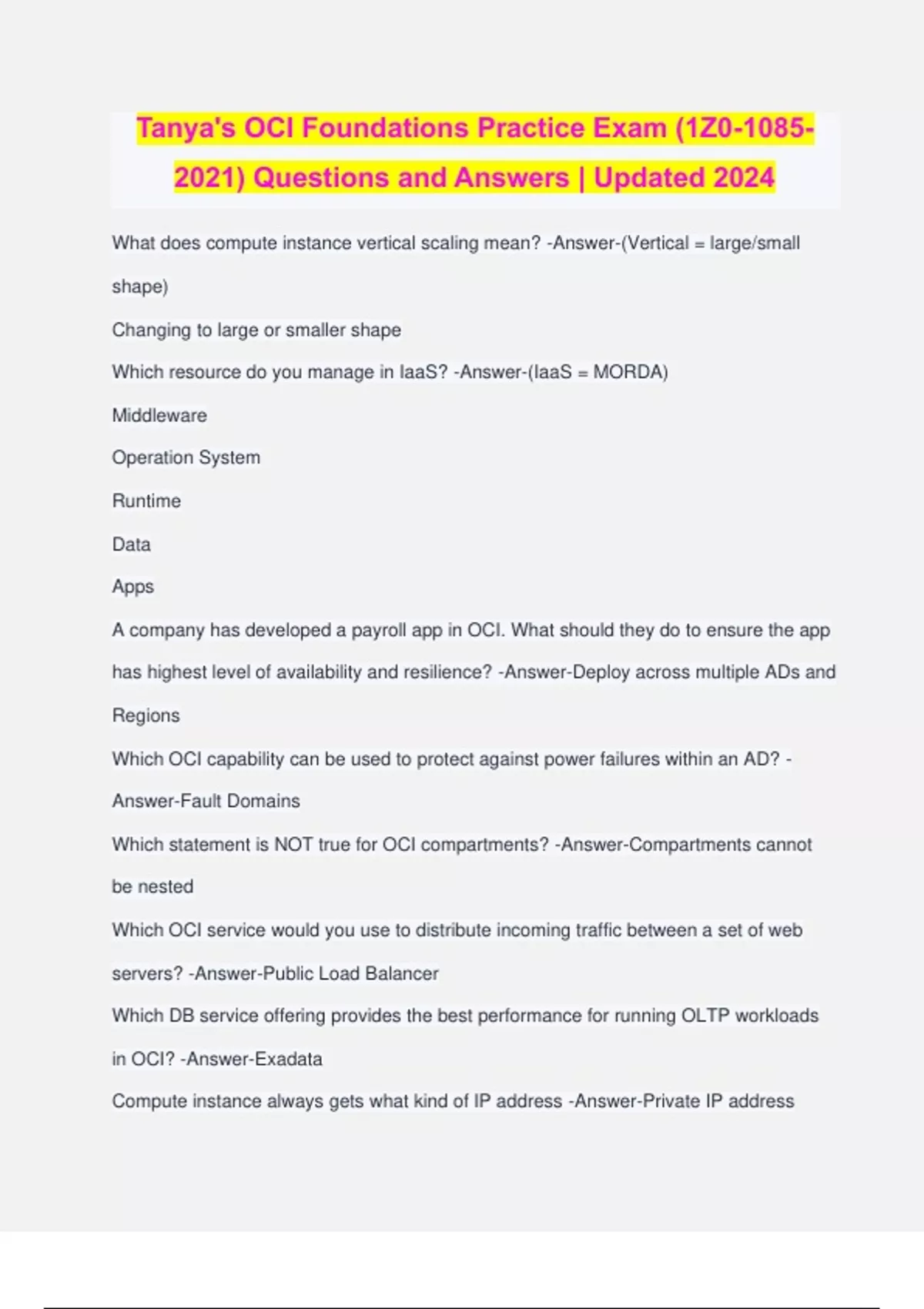 Tanyas Oci Foundations Practice Exam 1z Questions And Answers Updated 2024 Oci