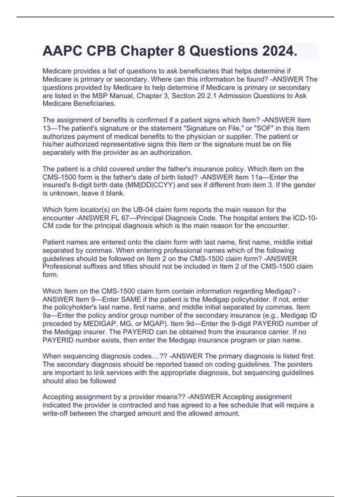 AAPC CPB Chapter 8 Questions 2024. - AAPC CPB. - Stuvia US