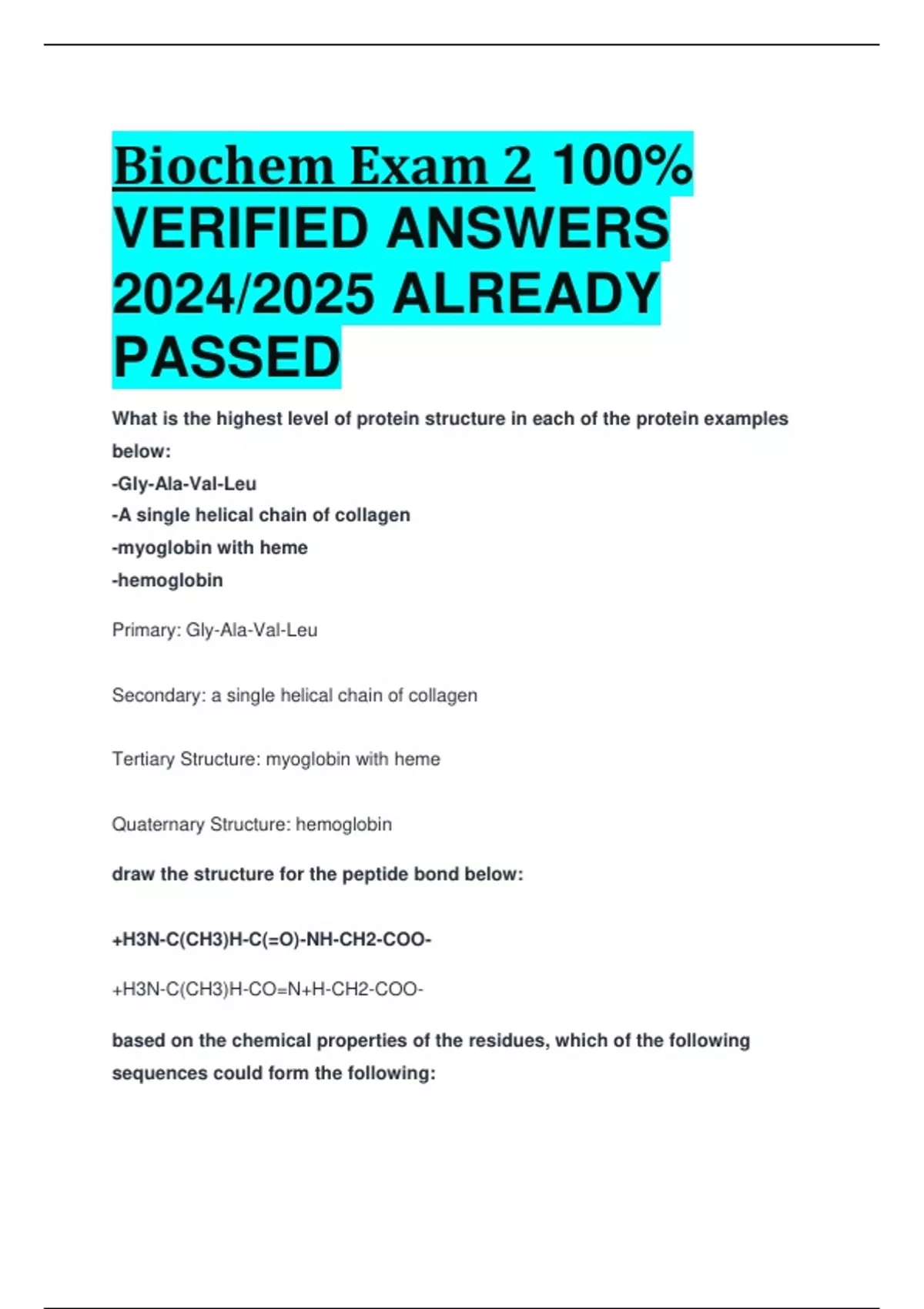 Biochem Exam 2 100% VERIFIED ANSWERS 2024/2025 ALREADY PASSED - Biochem ...
