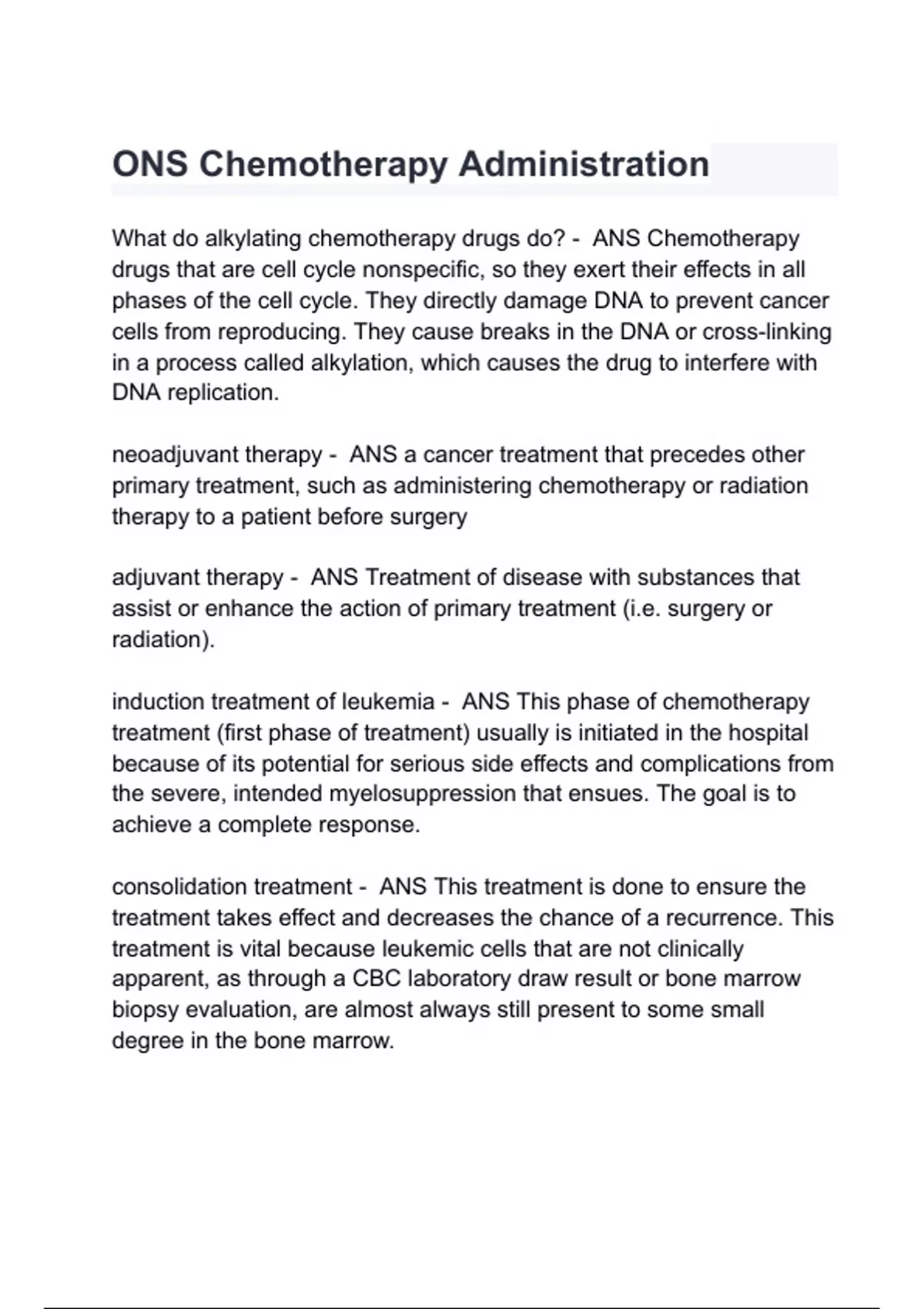 ONS Chemotherapy Administration Exam Questions with correct Answers ...