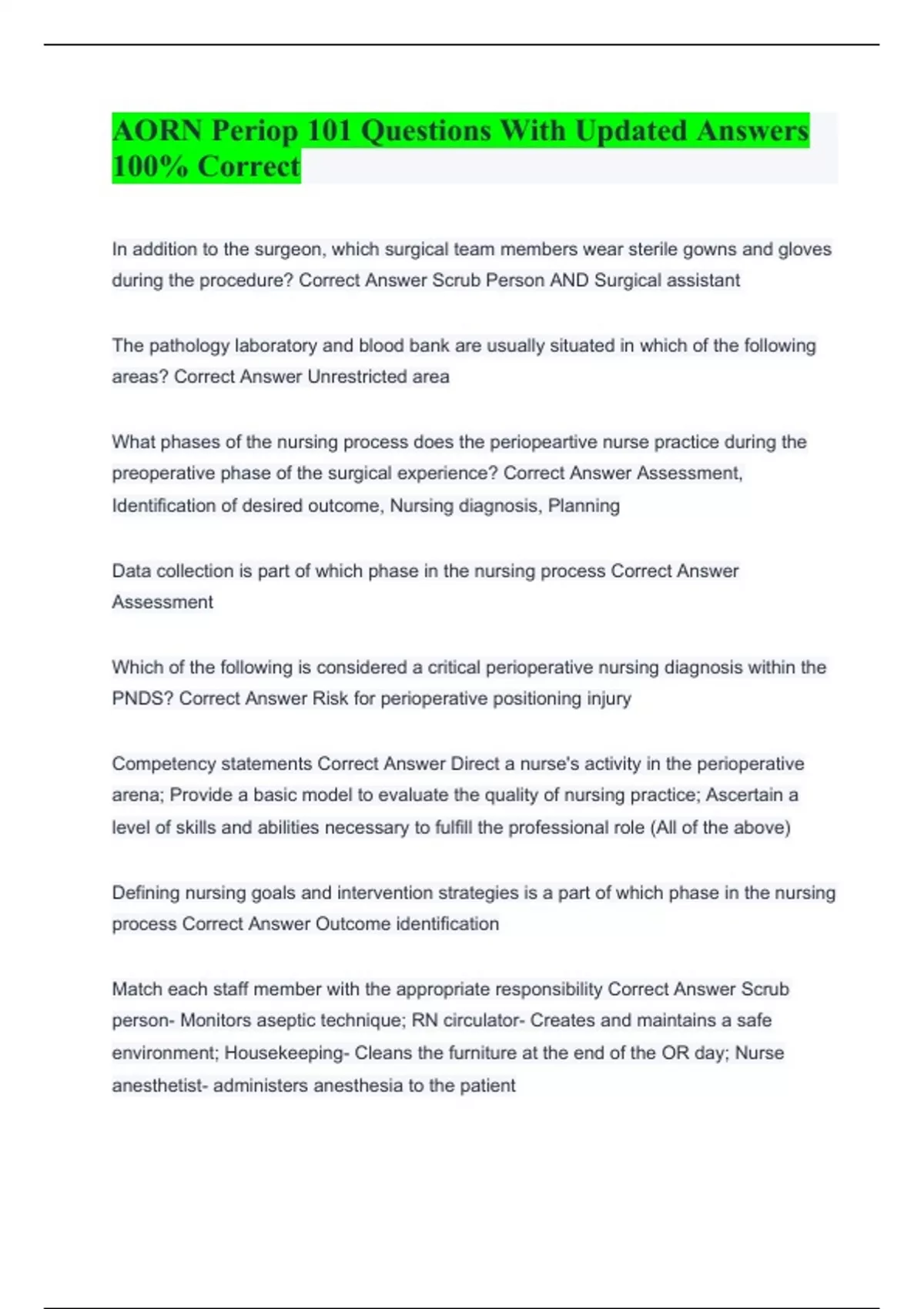 AORN Periop 101 Questions With Updated Answers 100% Correct - Aorn ...