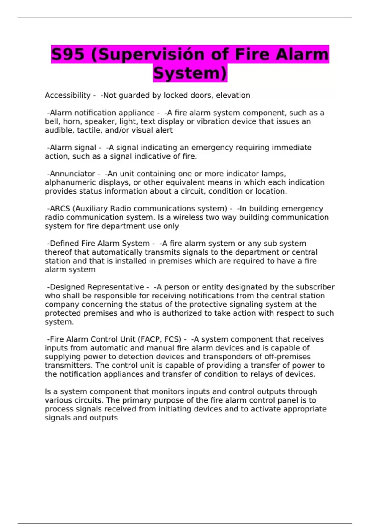 S95 (Supervisión of Fire Alarm System) - S95 - Stuvia US