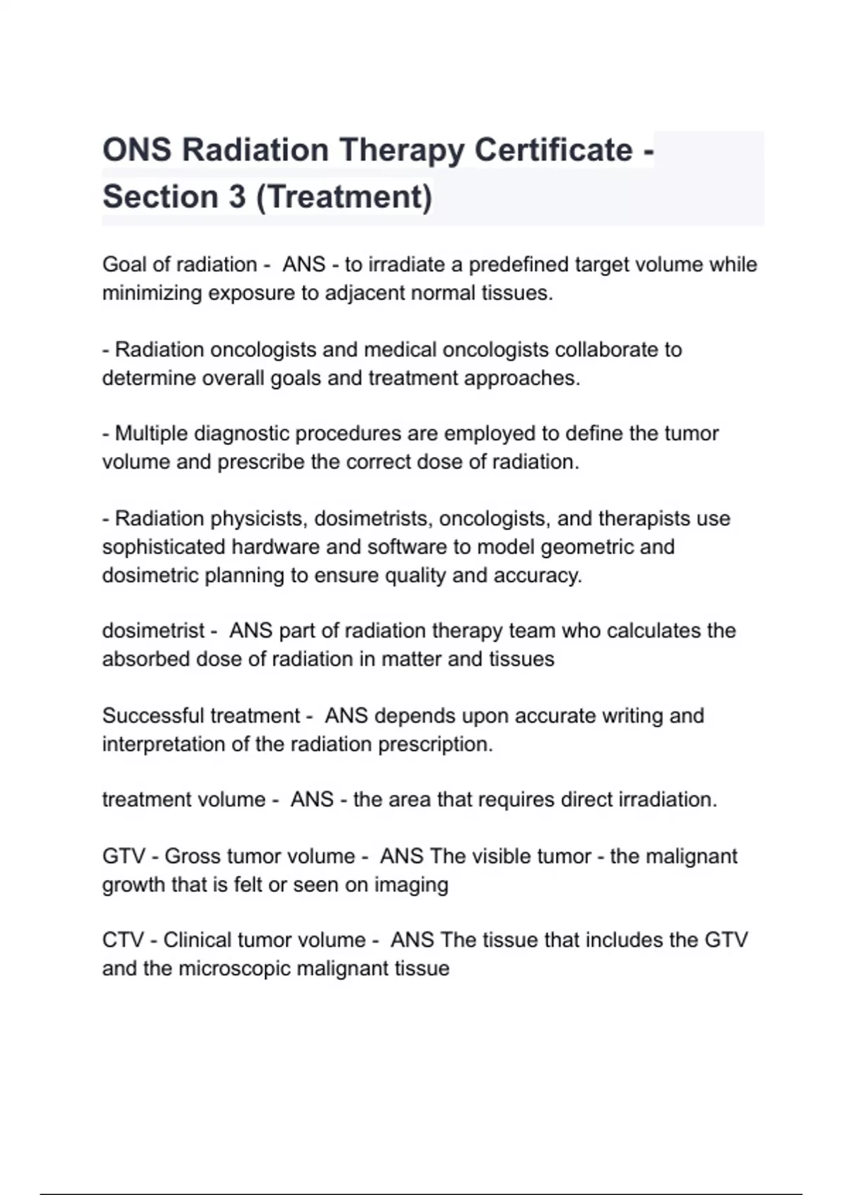 ONS Radiation Therapy Certificate - Section 3 (Treatment) Exam ...