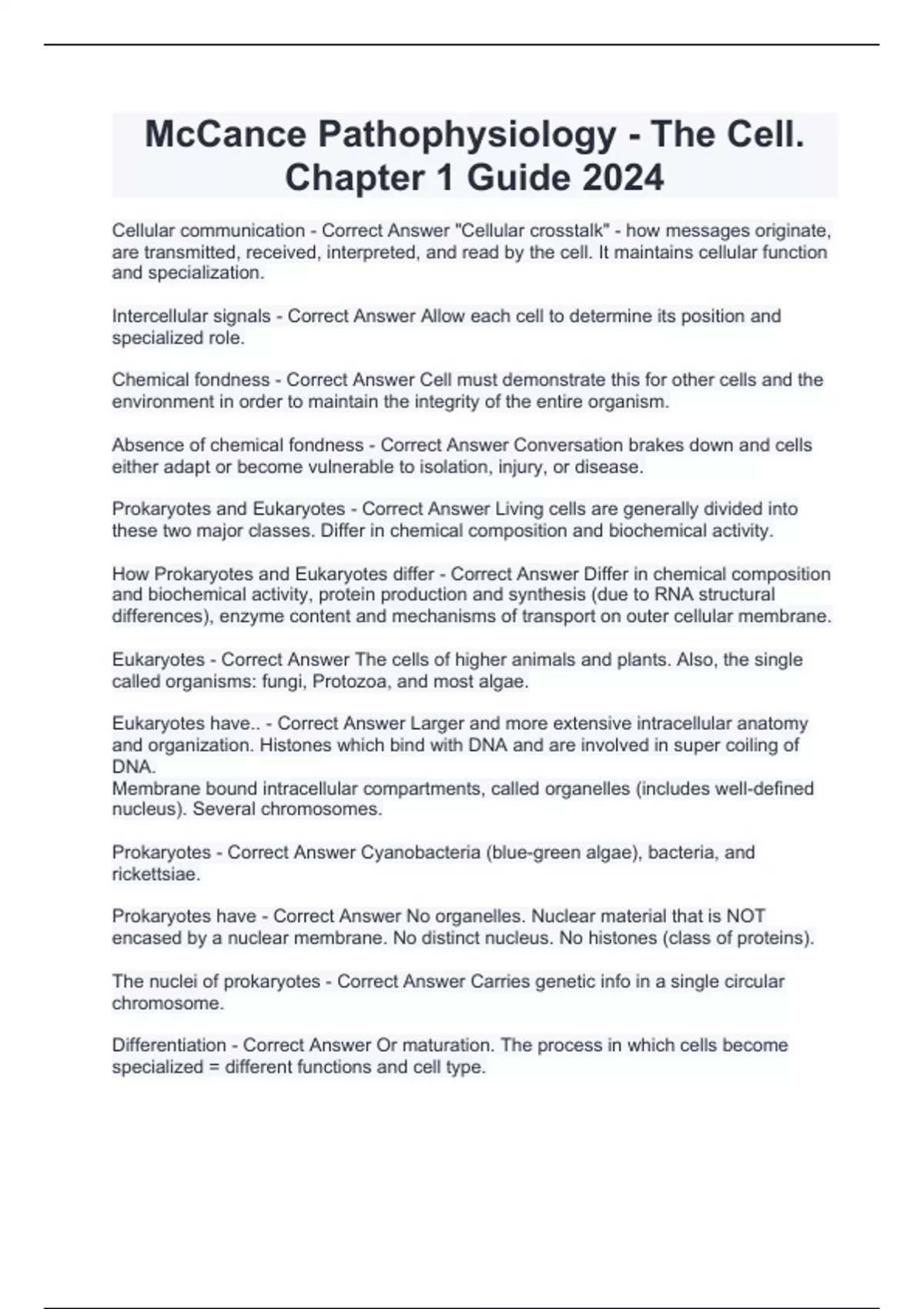 McCance Pathophysiology - The Cell. Chapter 1 Guide 2024 - PATHOPHYSIOLOGY 8TH EDITION MCCANCE ...