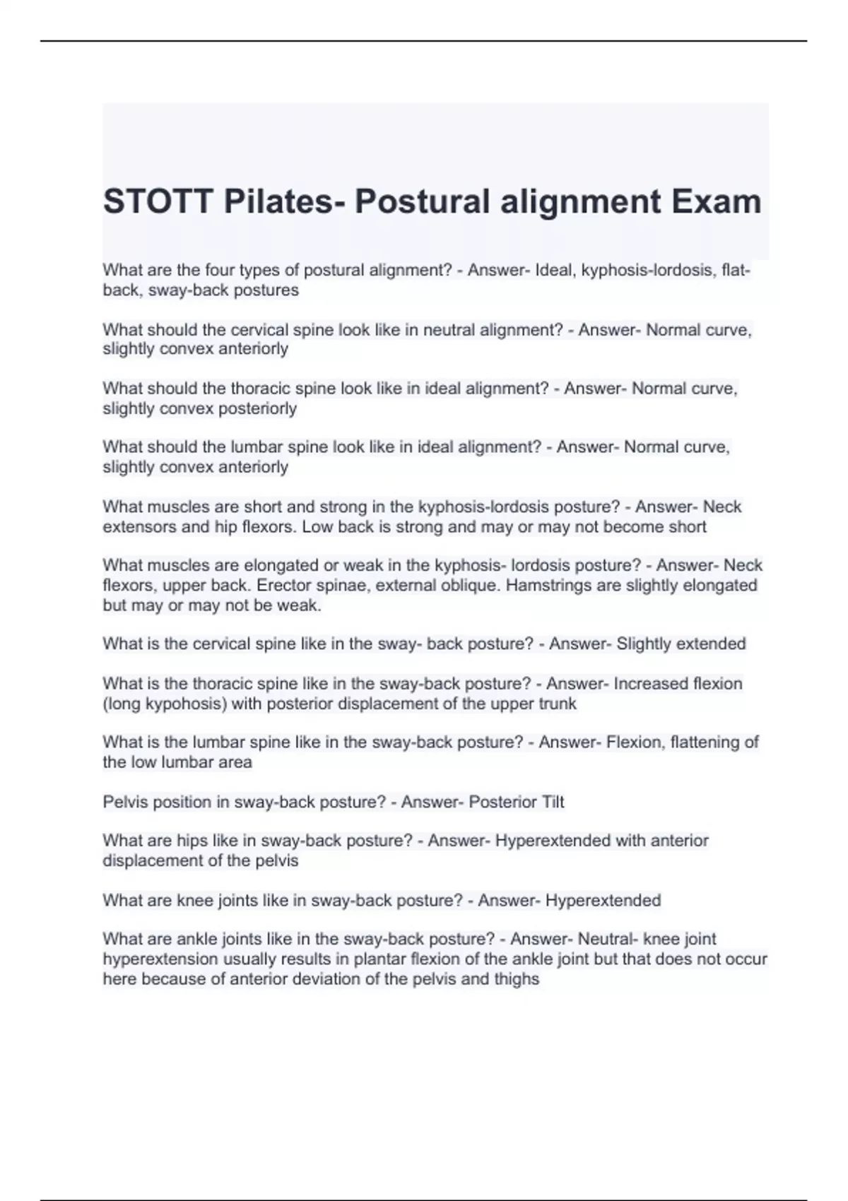 STOTT Pilates- Postural alignment Exam with 100% correct Answers ...