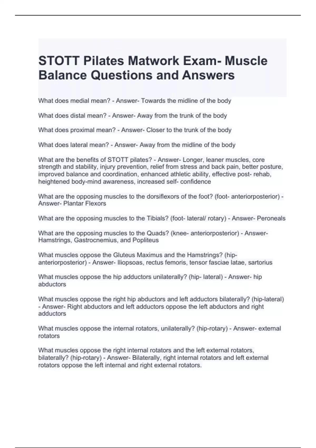 STOTT Pilates Matwork Exam- Muscle Balance Questions and Answers ...