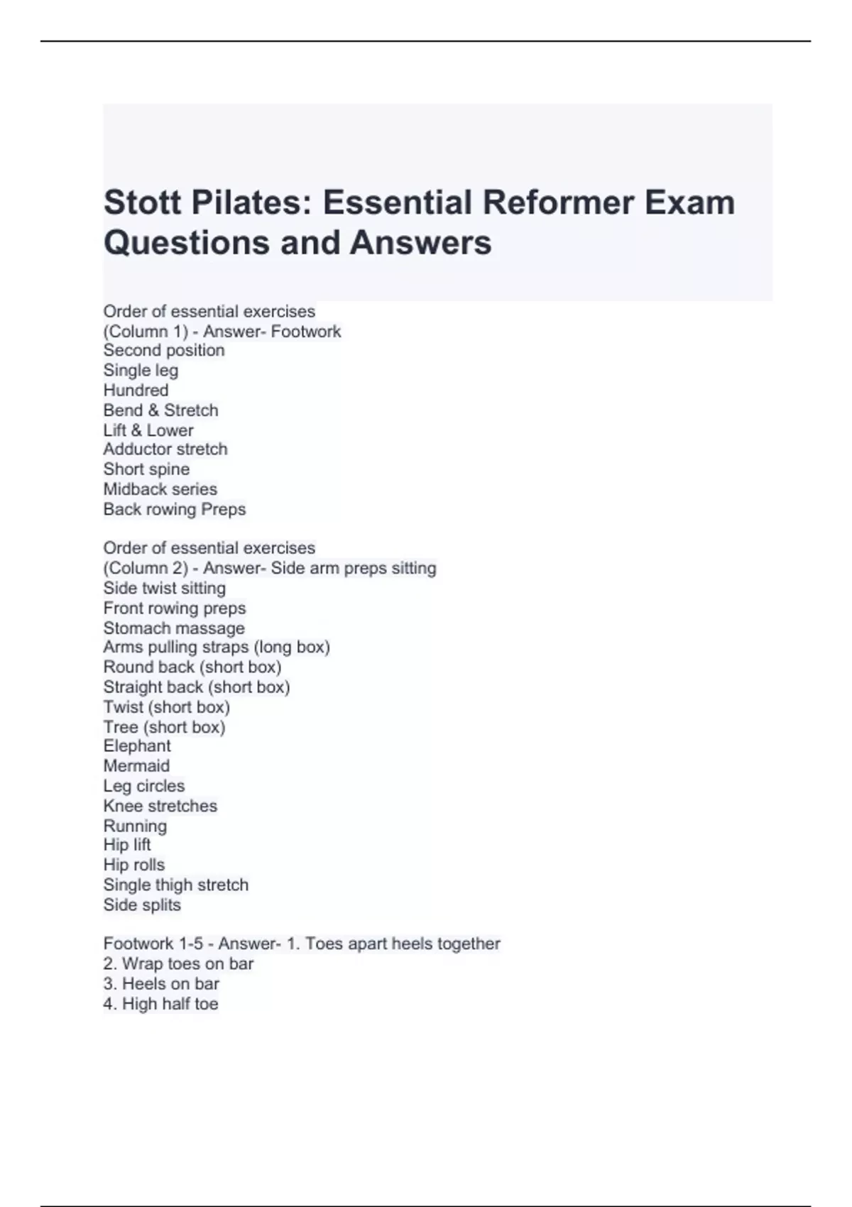 Stott Pilates Essential Reformer Exam Questions and Answers - Stott ...