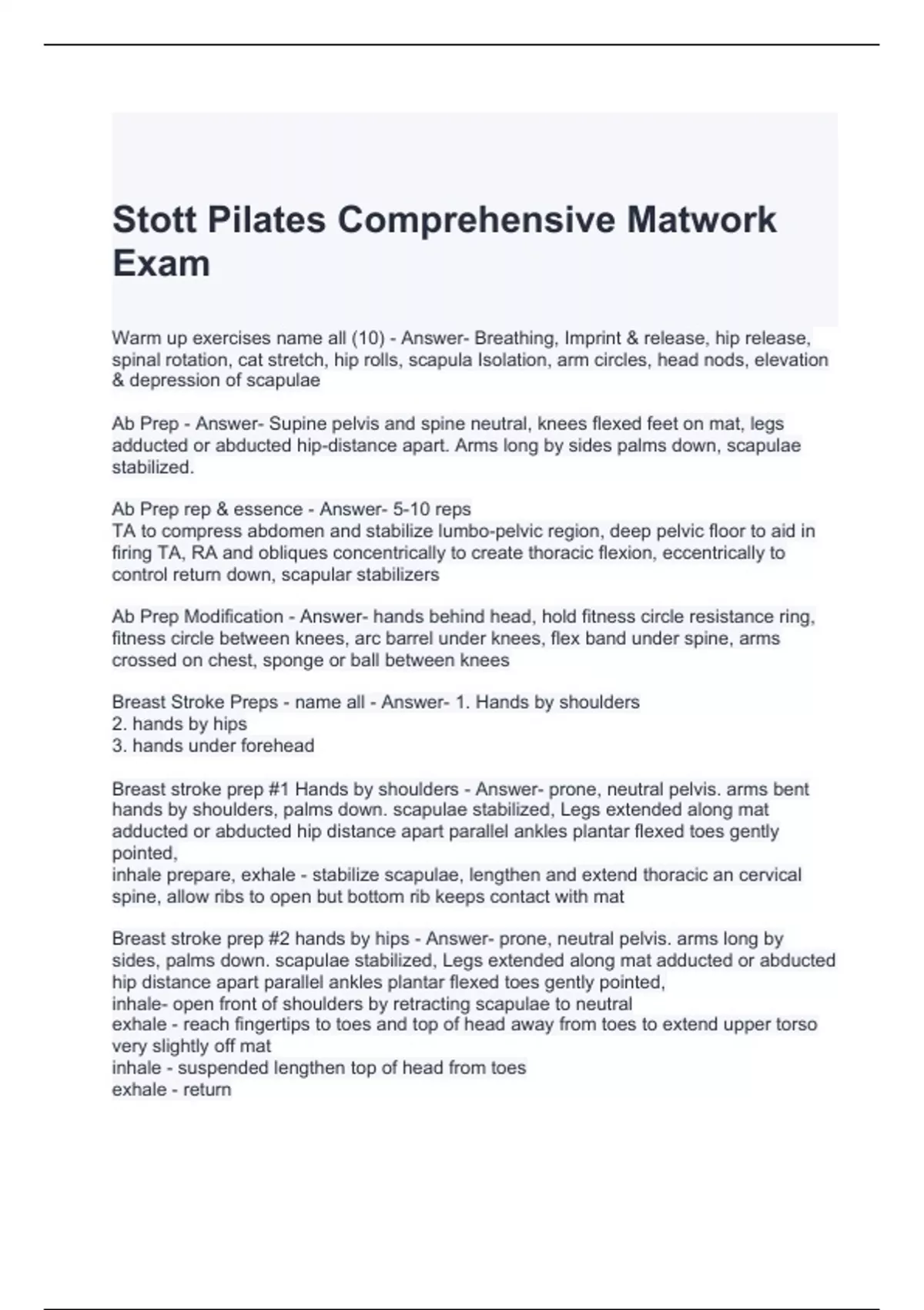 Stott Pilates Comprehensive Matwork Exam with correct Answers - Stott ...