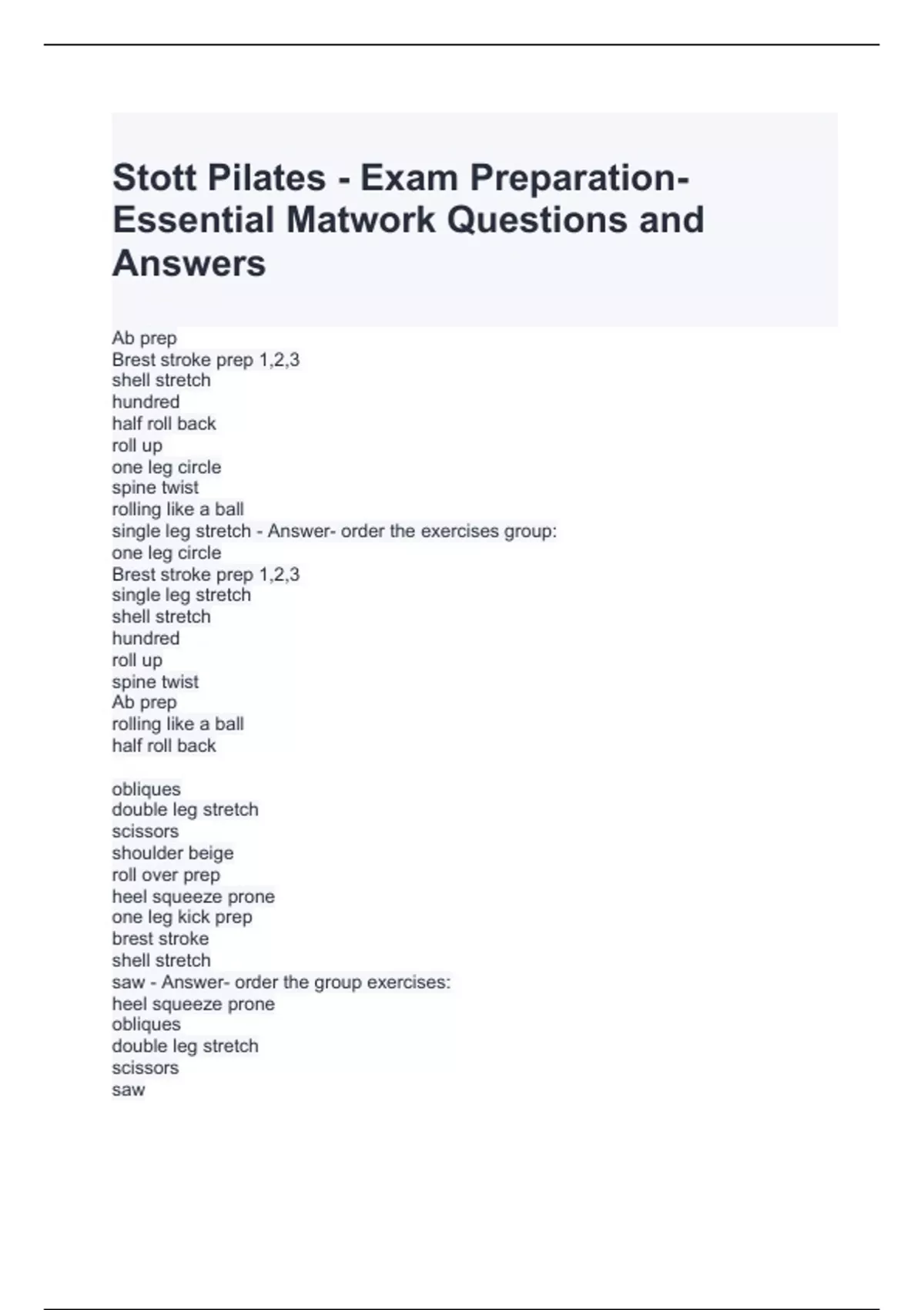 Stott Pilates - Exam Preparation- Essential Matwork Questions and ...