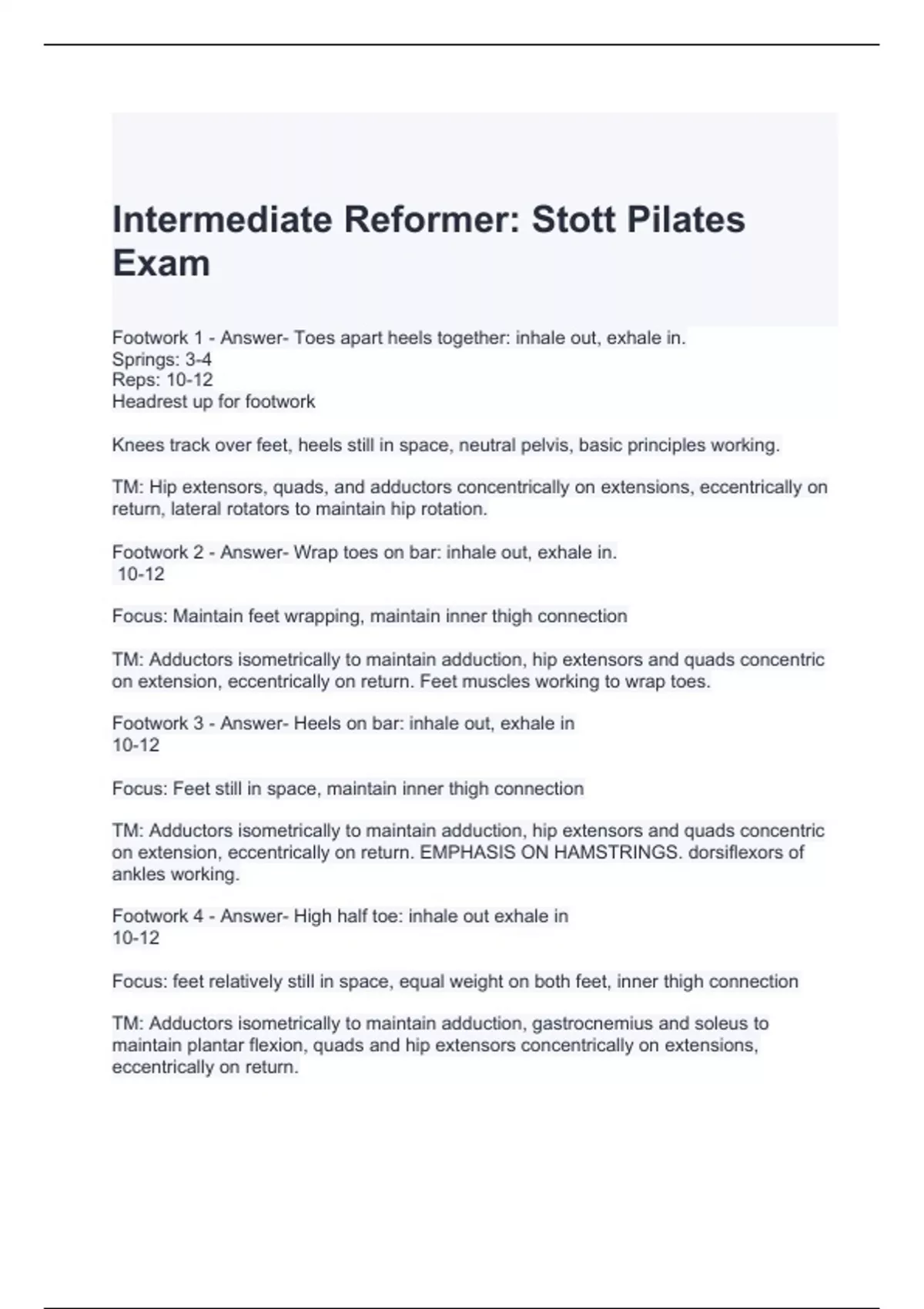 Intermediate Reformer Stott Pilates Exam Questions and Answers - Stott ...