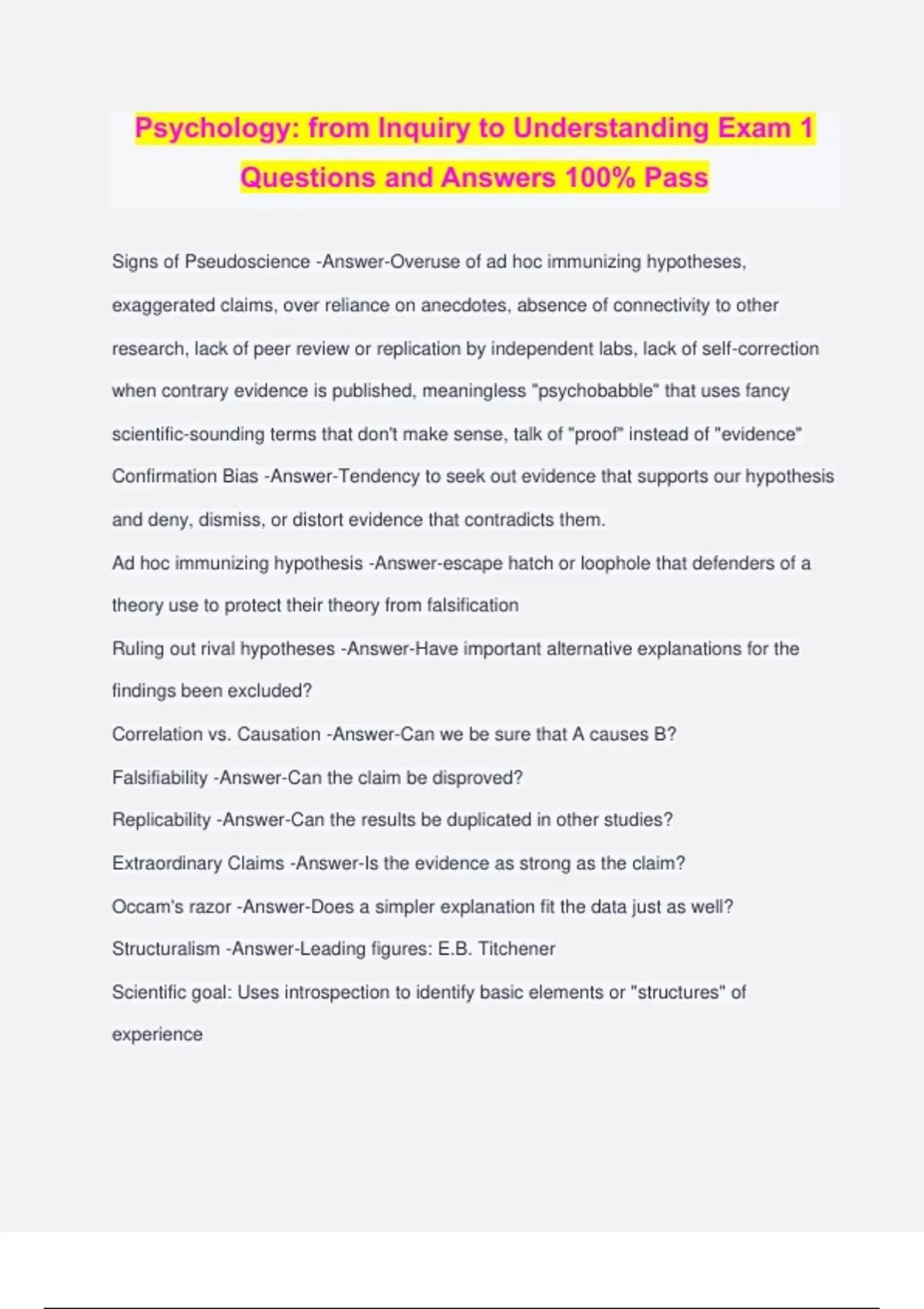 Psychology: from Inquiry to Understanding Exam 1 Questions and Answers ...