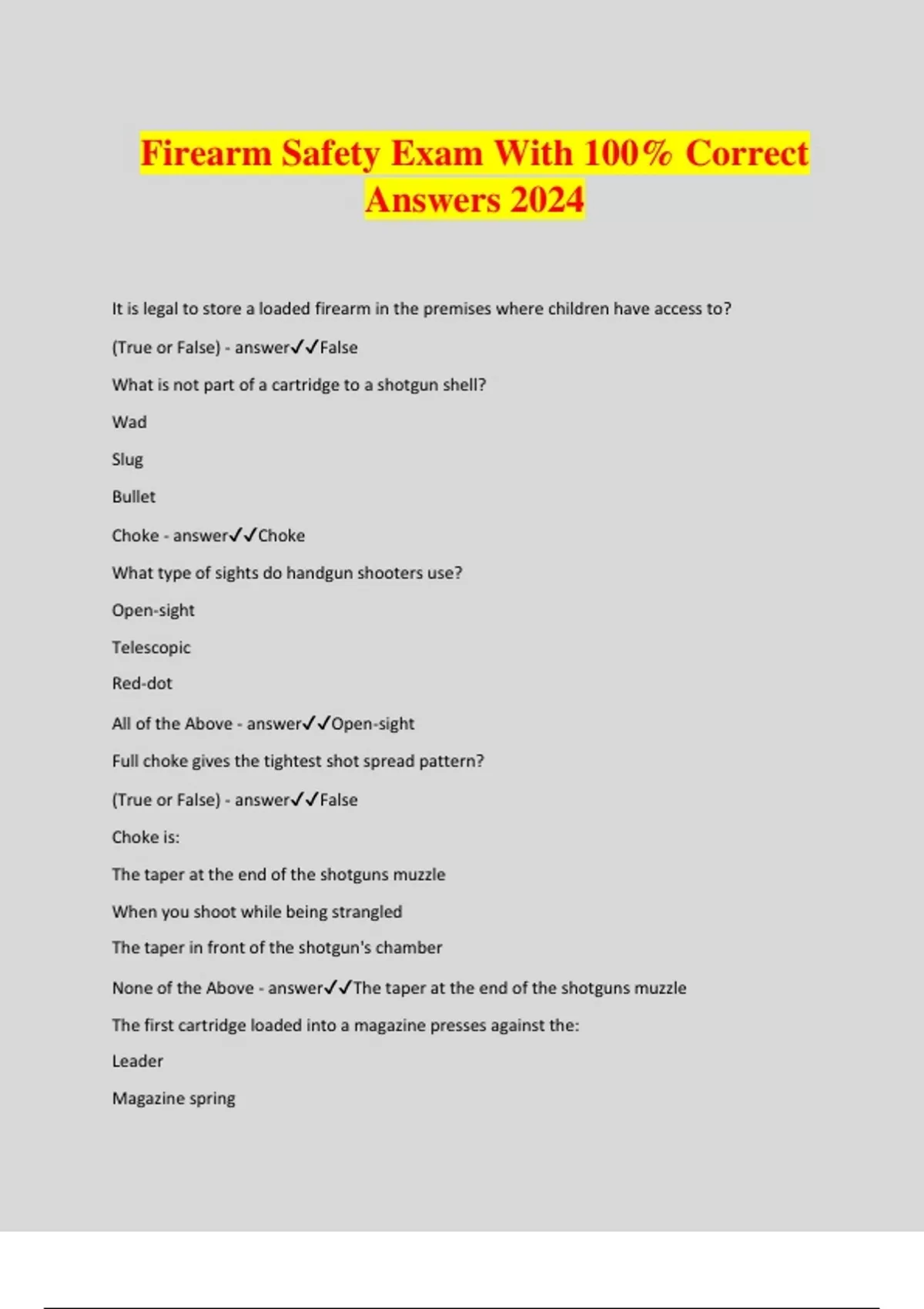 Firearm Safety Exam With 100 Correct Answers 2024 Firearm Safety Stuvia Us