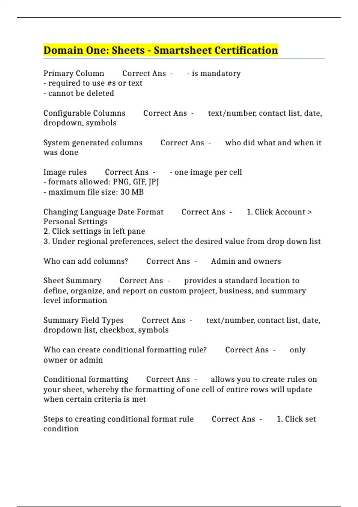 Domain One: Sheets - Smartsheet Certification - Smartsheet ...