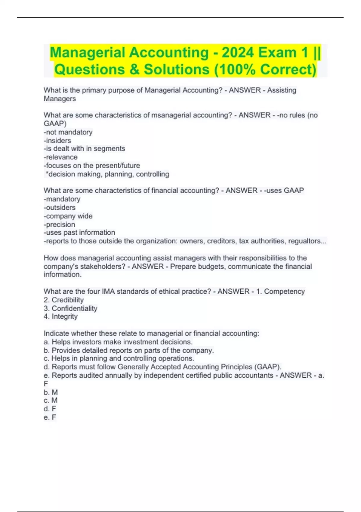 Managerial Accounting 2024 Exam 1 Questions And Solutions 100 Correct Managerial