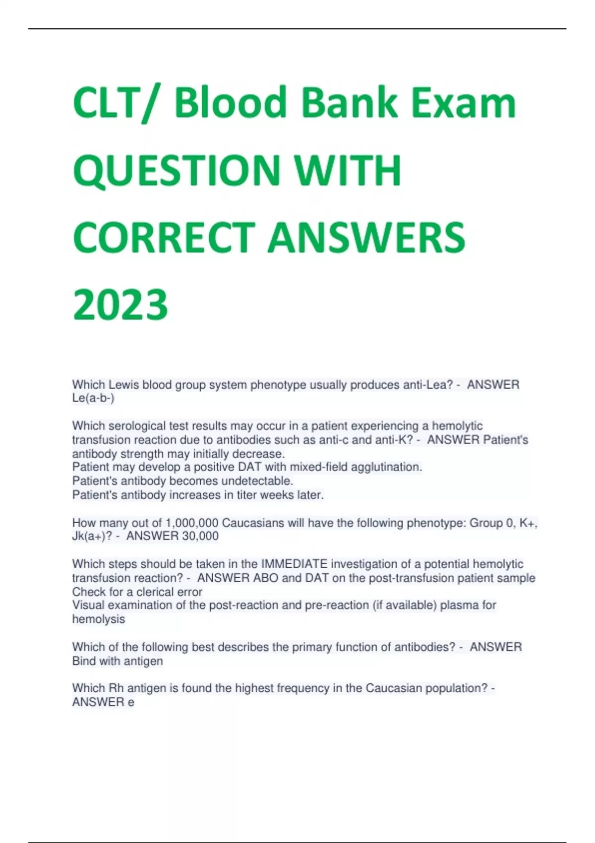 CLT/ Blood Bank Exam QUESTION WITH CORRECT ANSWERS 2023 - CLT/ Blood ...