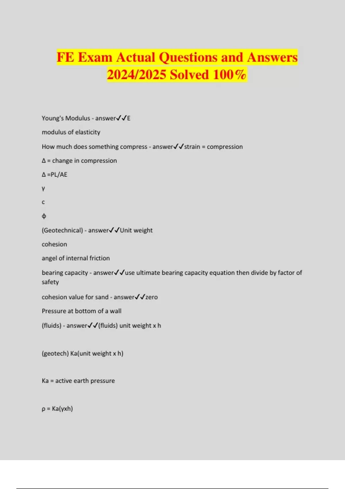 FE Exam Actual Questions and Answers 2024/2025 Solved 100% - FE Actual ...