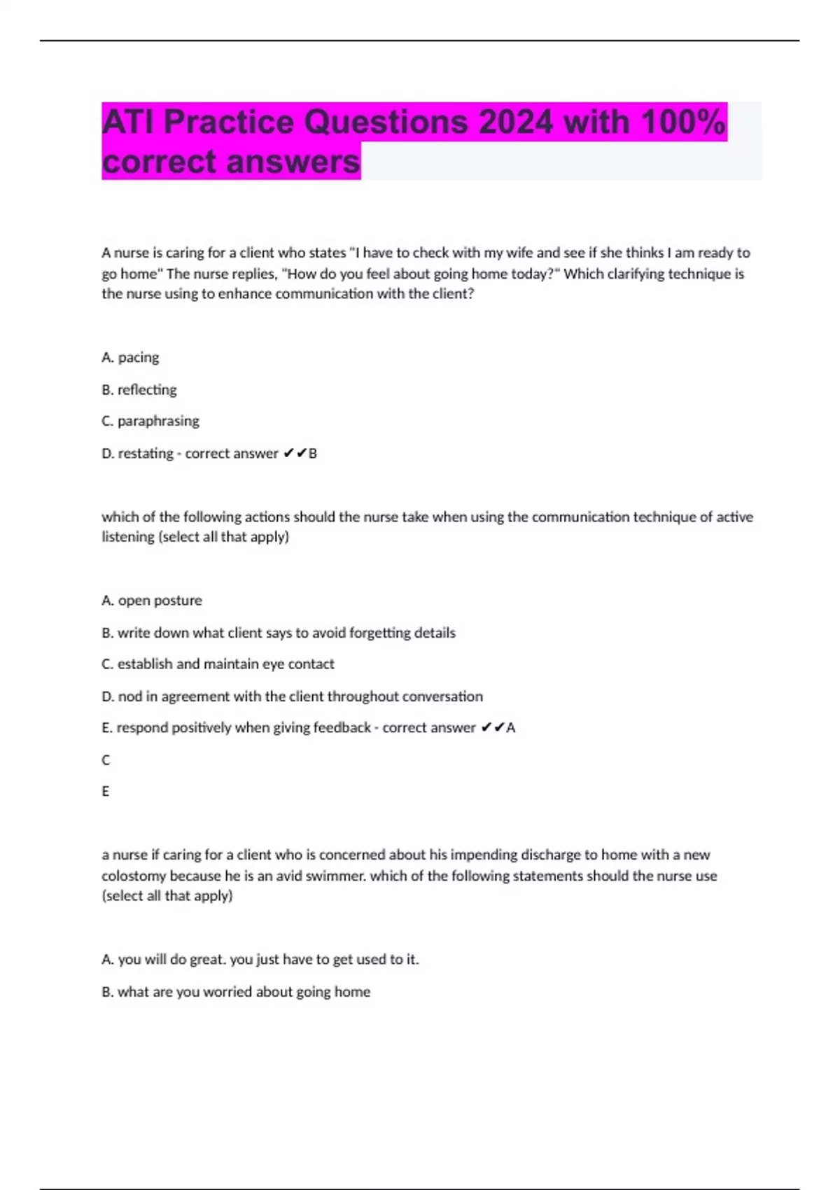 ATI Practice Questions 2024 with 100% correct answers - ATI - Stuvia US