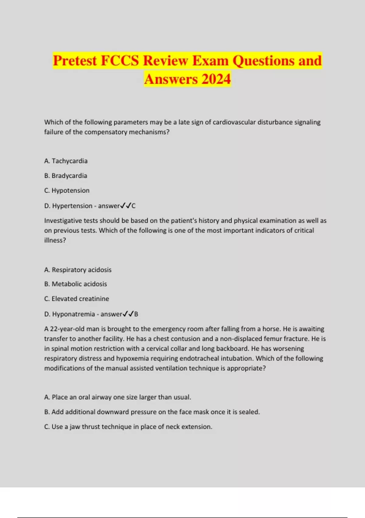Pretest FCCS Review Exam Questions And Answers 2024 FCCS Stuvia US