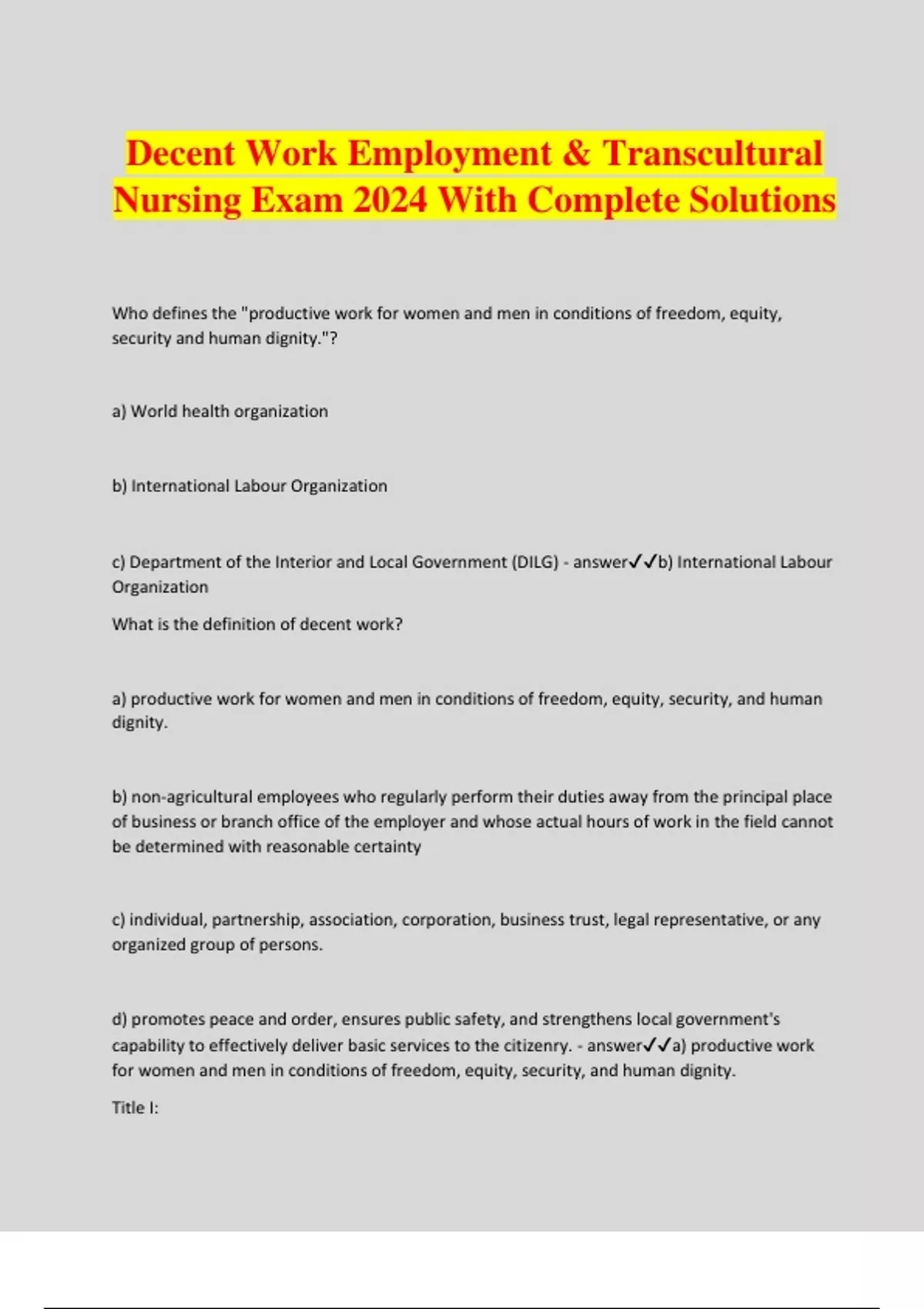 Decent Work Employment & Transcultural Nursing Exam 2024 With Complete ...