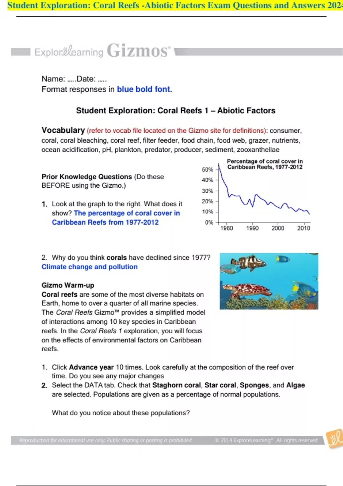 Student Exploration: Coral Reefs -Abiotic Factors Exam Questions and ...