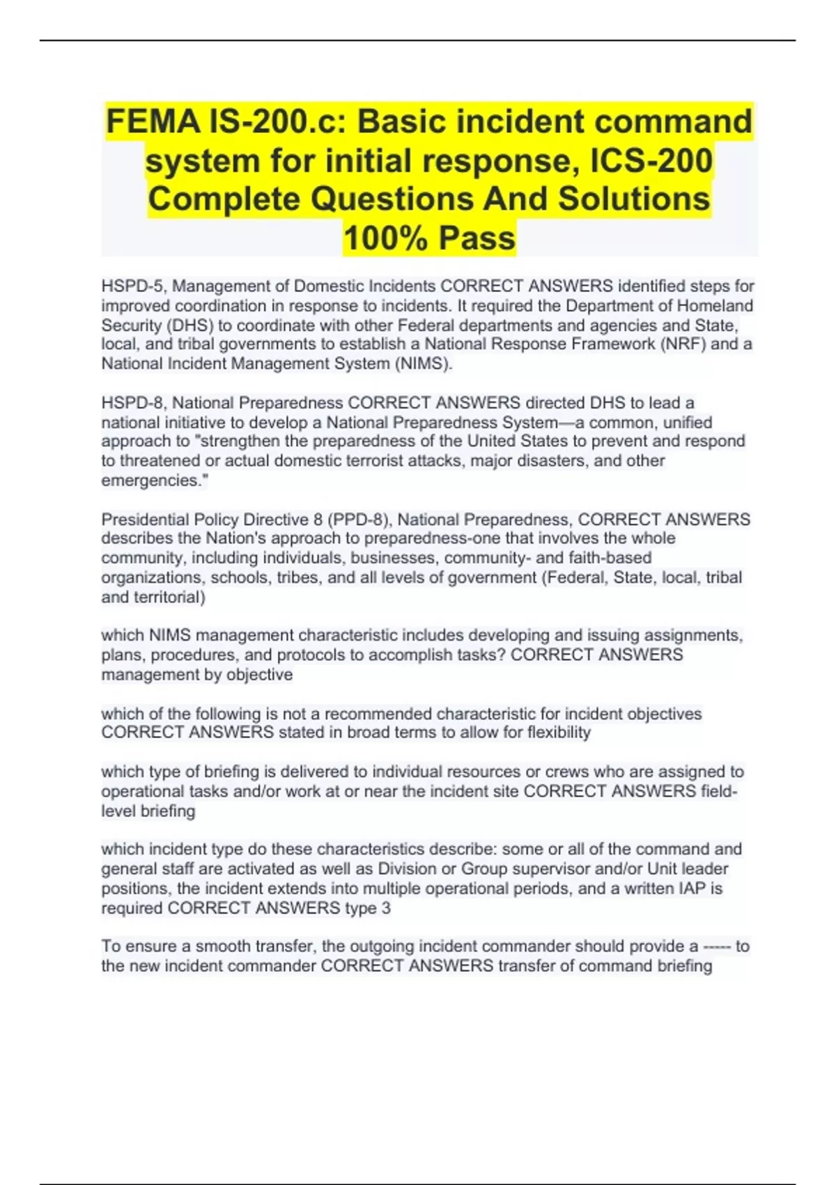 FEMA IS 200 c Basic Incident Command System For Initial Response ICS