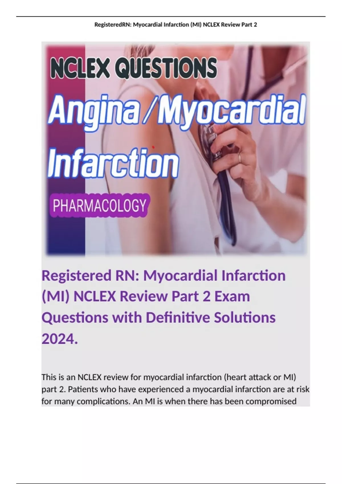 Registered RN: Myocardial Infarction (MI) NCLEX Review Part 2 Exam ...
