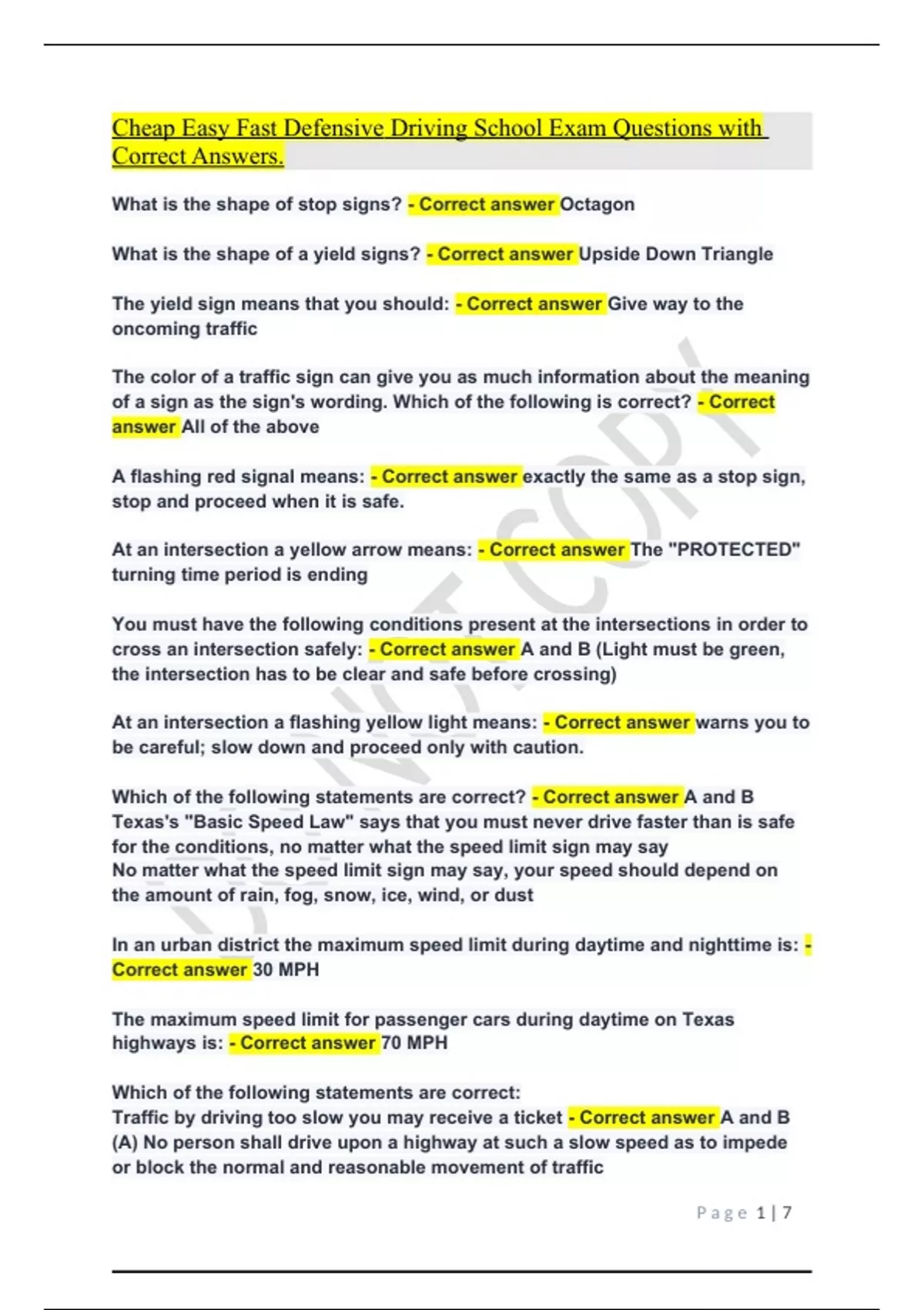 Cheap Easy Fast Defensive Driving School Exam Questions with Correct ...